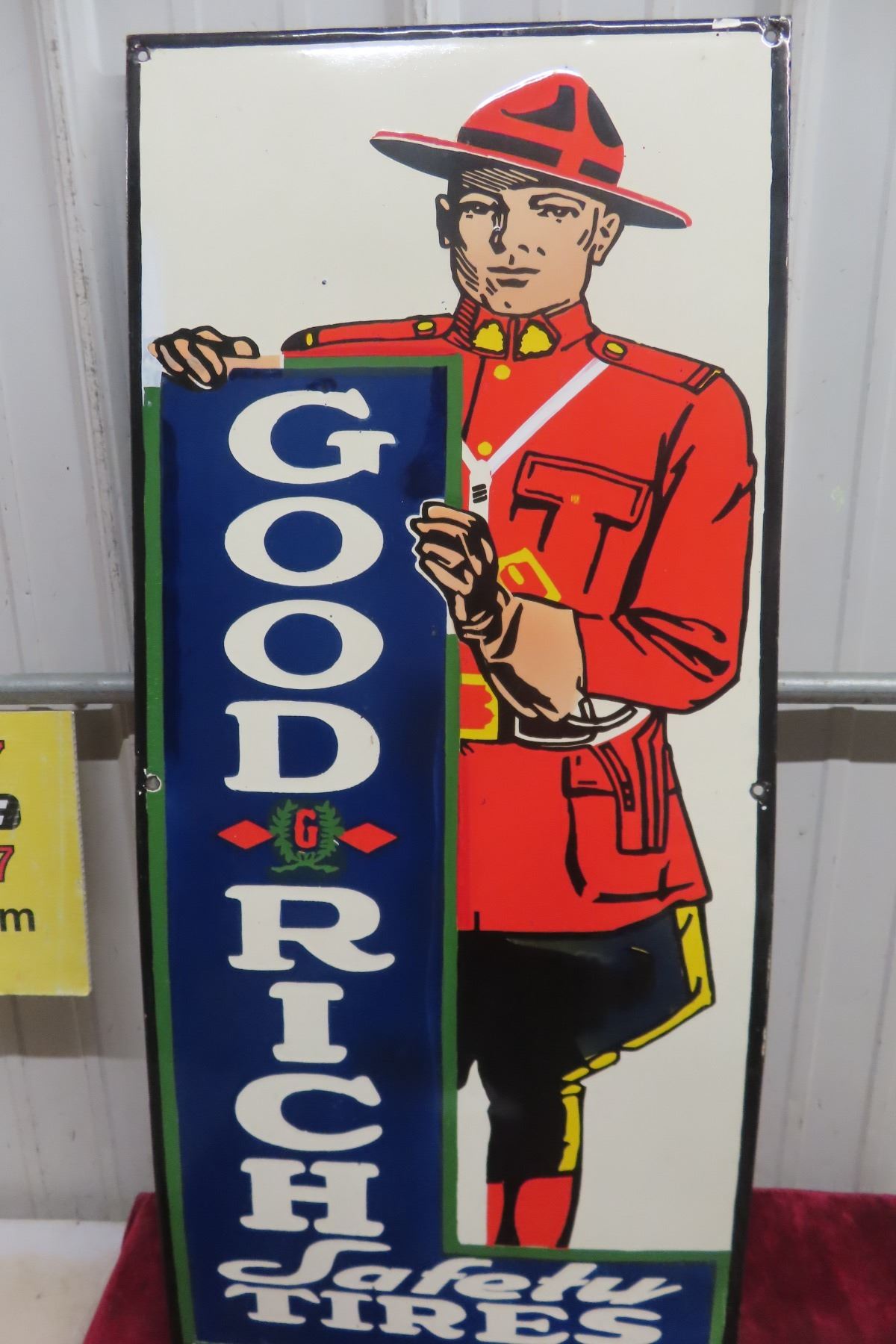 Goodrich Tires Porcelain Sign with Mountie 16'' x 36'' Reproduction