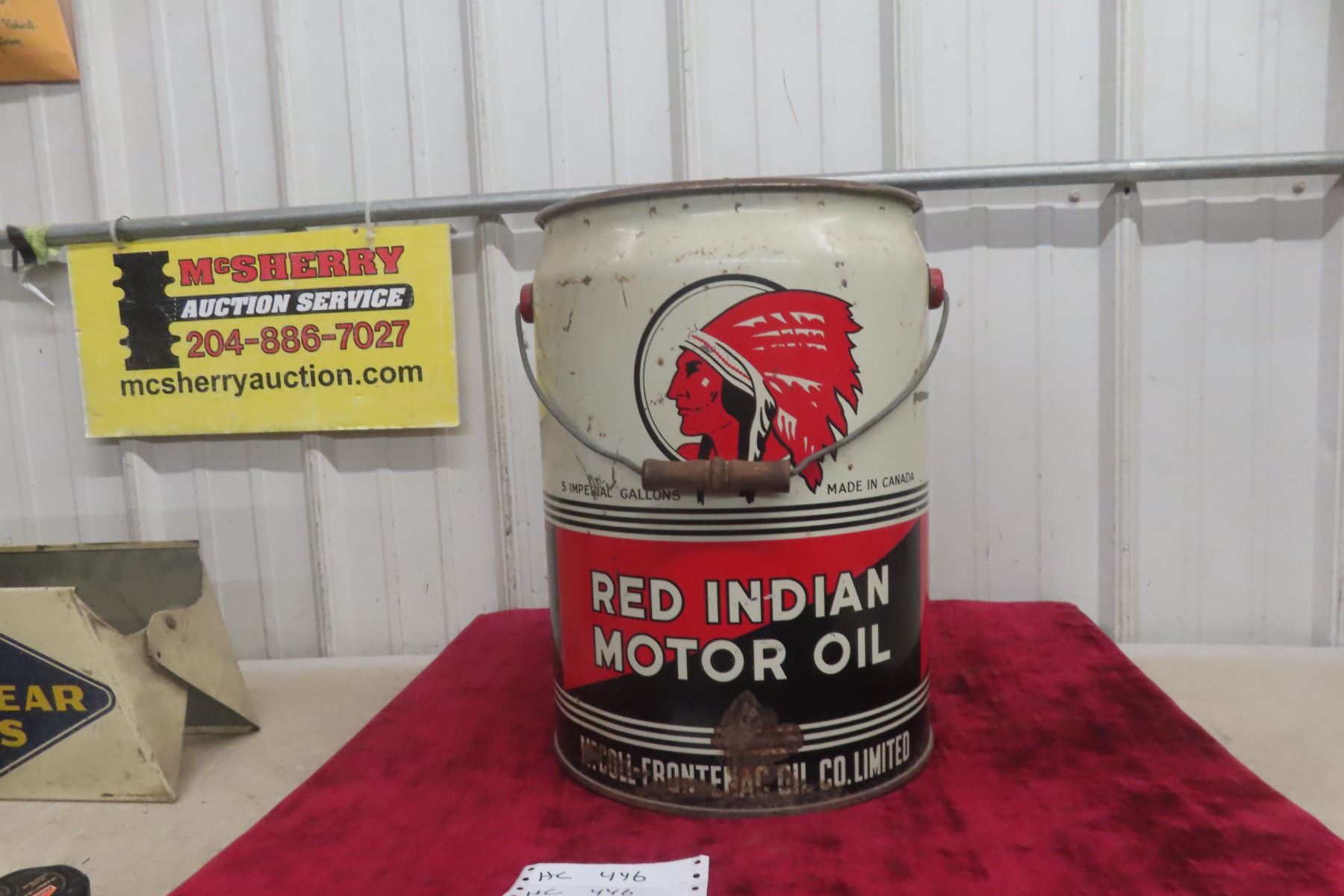 Red Indian Five Gallon Motor Oil Pail With Handle, Missing Lid