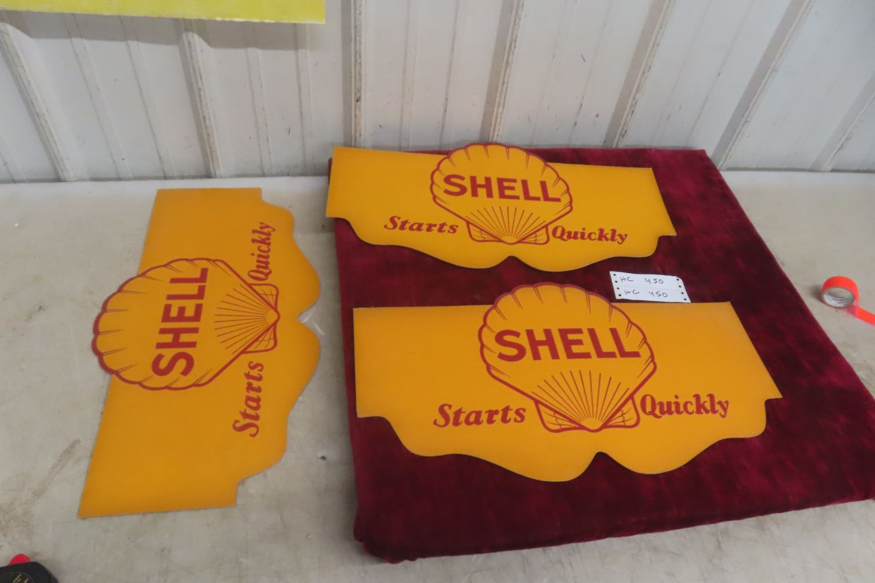 Three Vintage Shell Double Sided Cardboard Advertising Signs, 18" x 21"