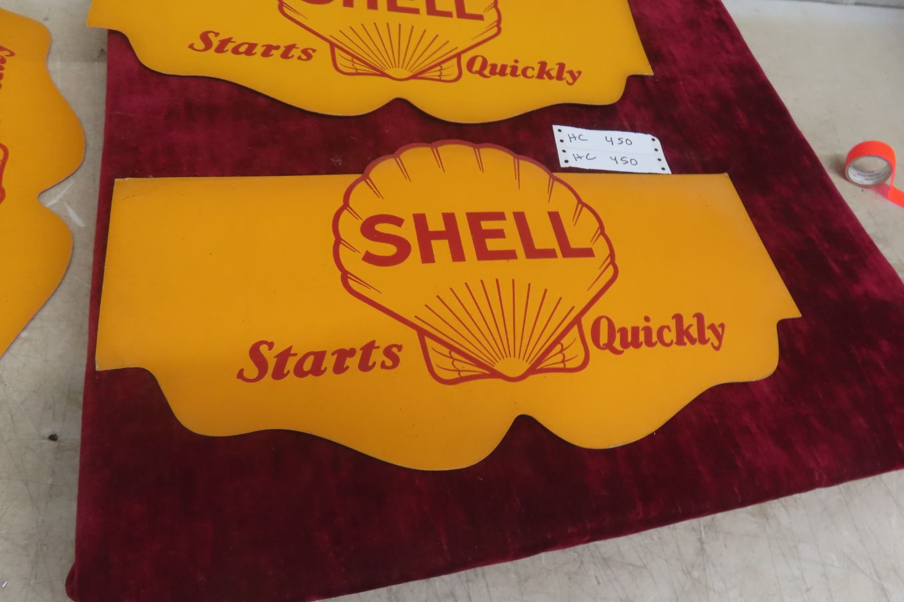 Three Vintage Shell Double Sided Cardboard Advertising Signs, 18" x 21"