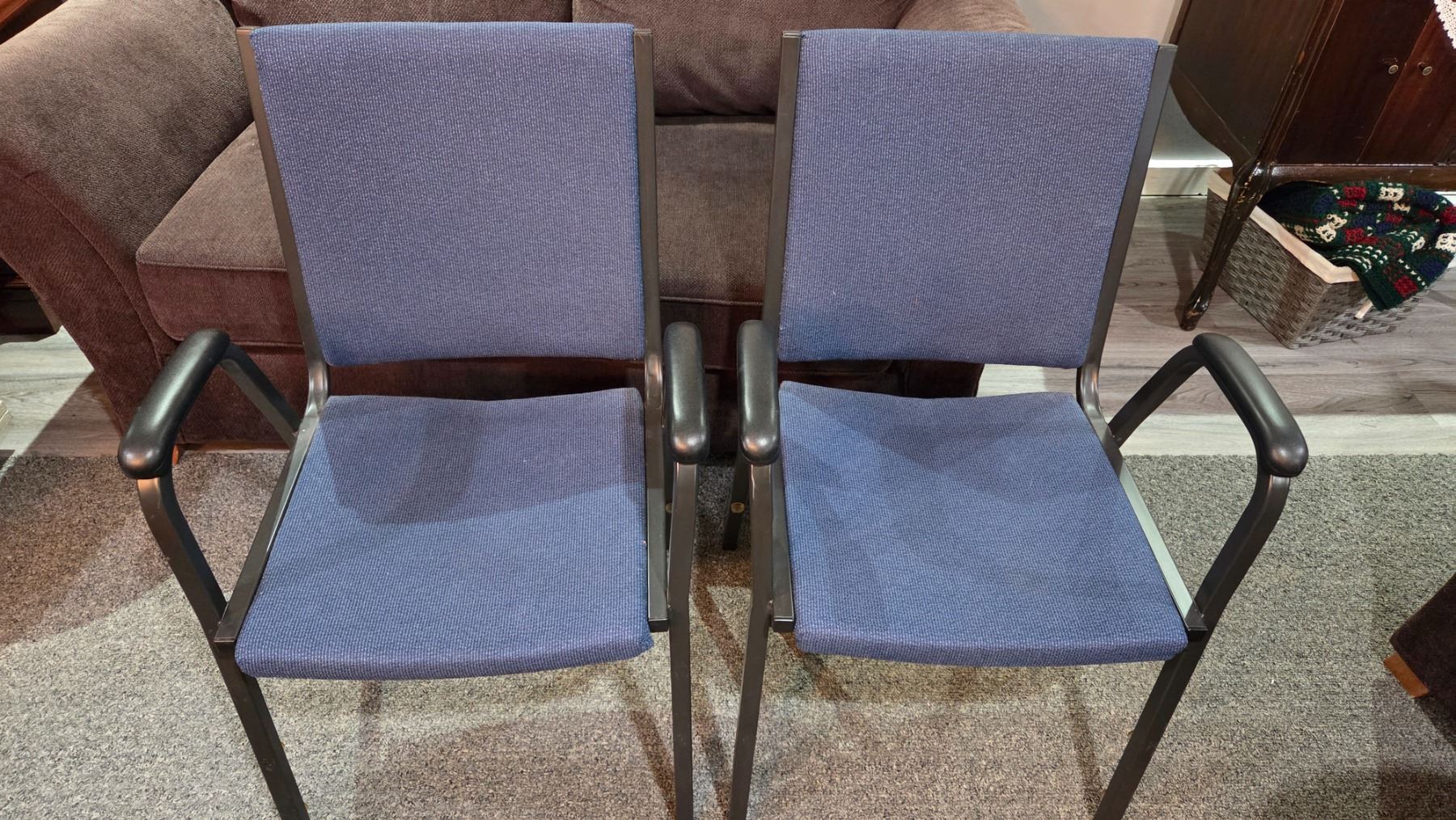 Two New Office Kitchen Stackable Arm Chairs Blue Fabric
