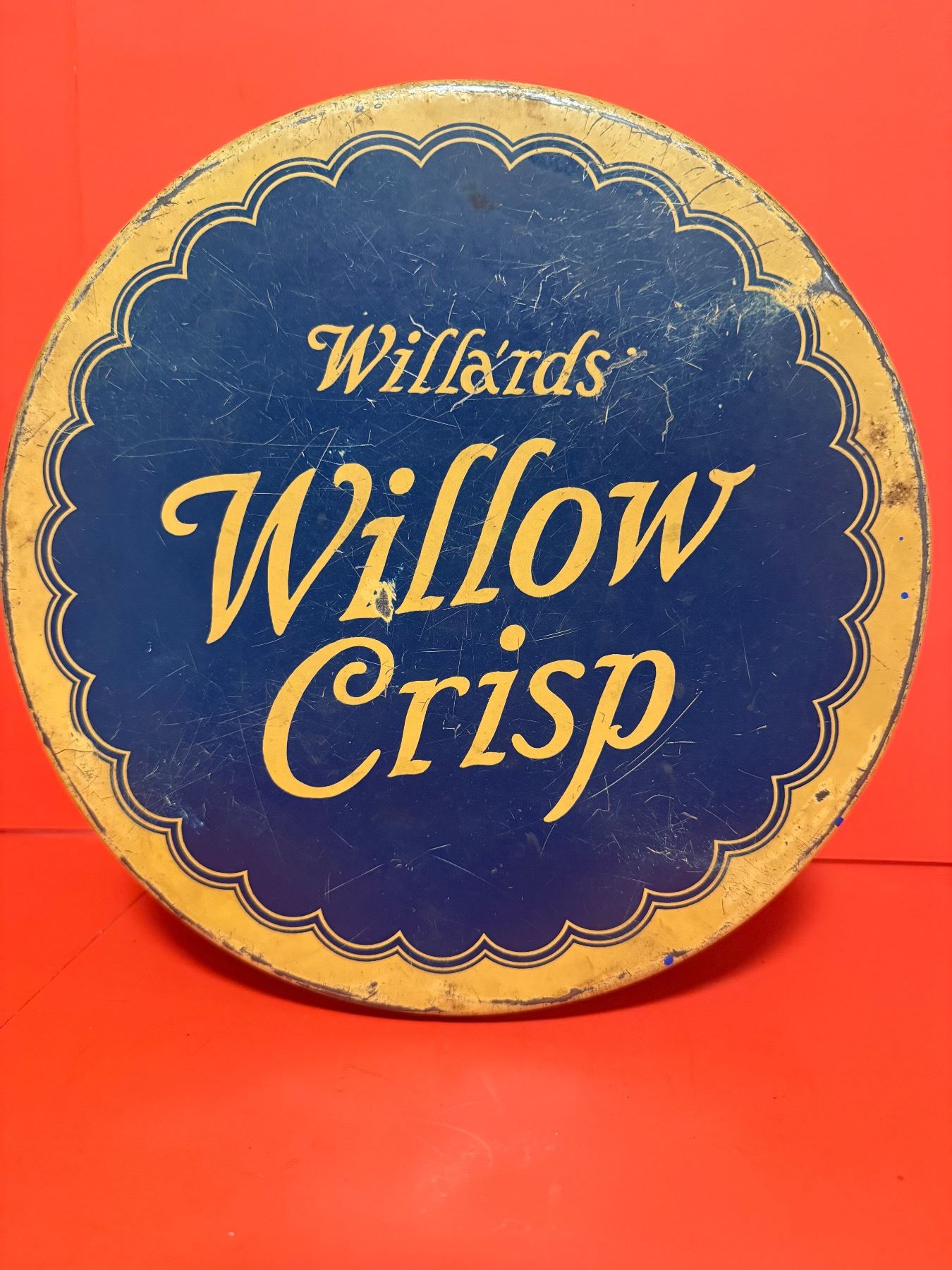 vintage Willards' Willow Crisp chocolate candy advertising tin