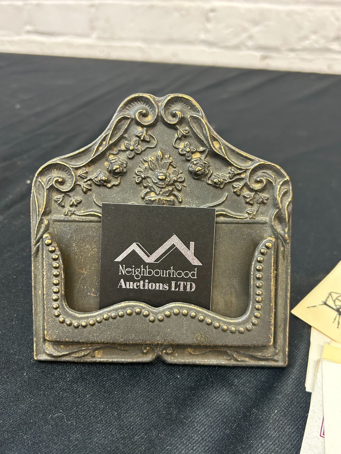 Antique Metal Business Card Holder with Antique Shop Business Cards
