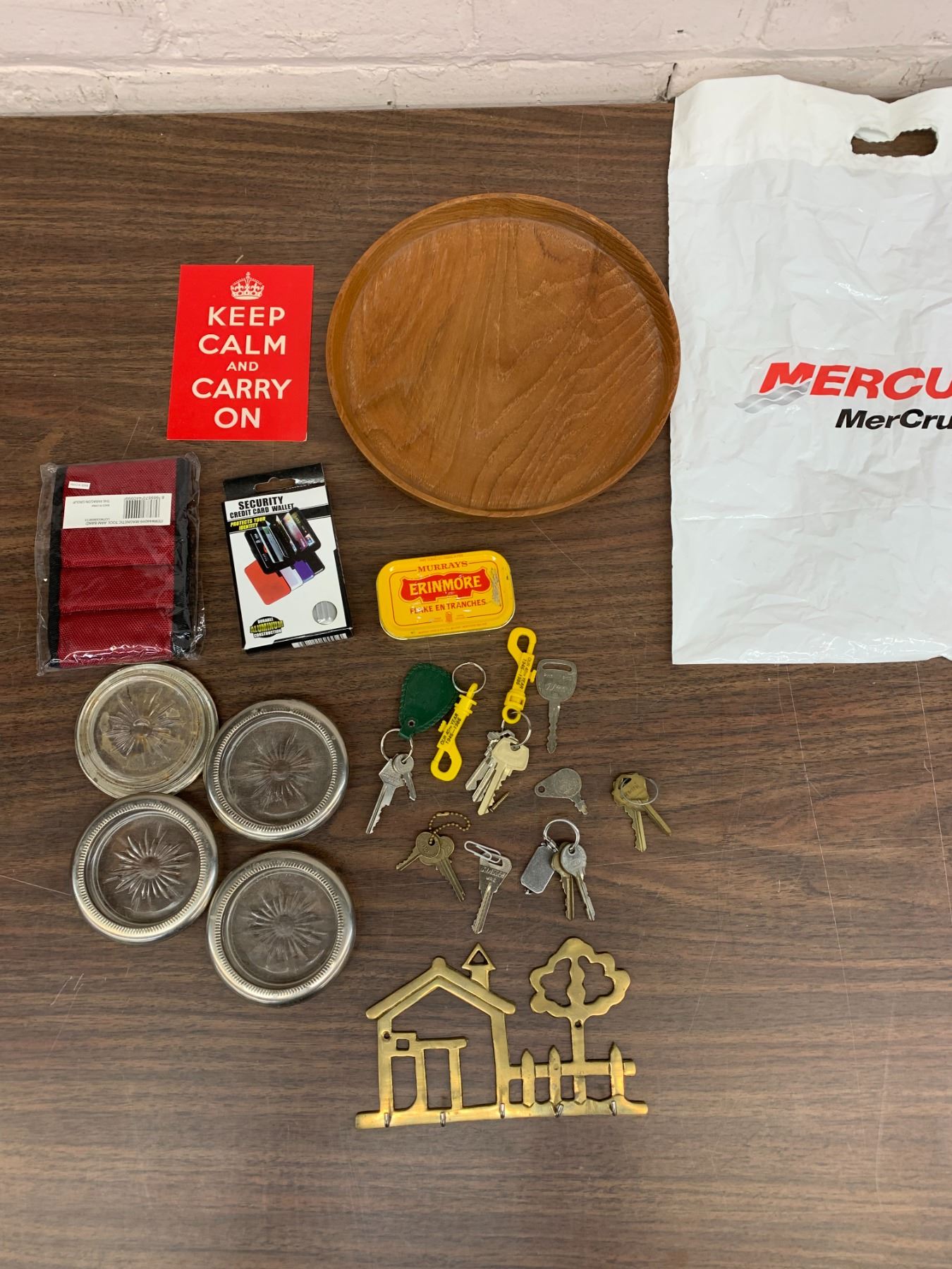 END OF THE RUN Junk Drawer Keys, Coasters, Wooden Plate, etc