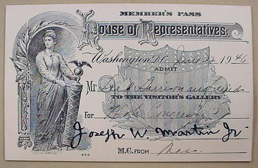 1946 HOUSE OF REPRESENTATIVES MEMBER'S PASS