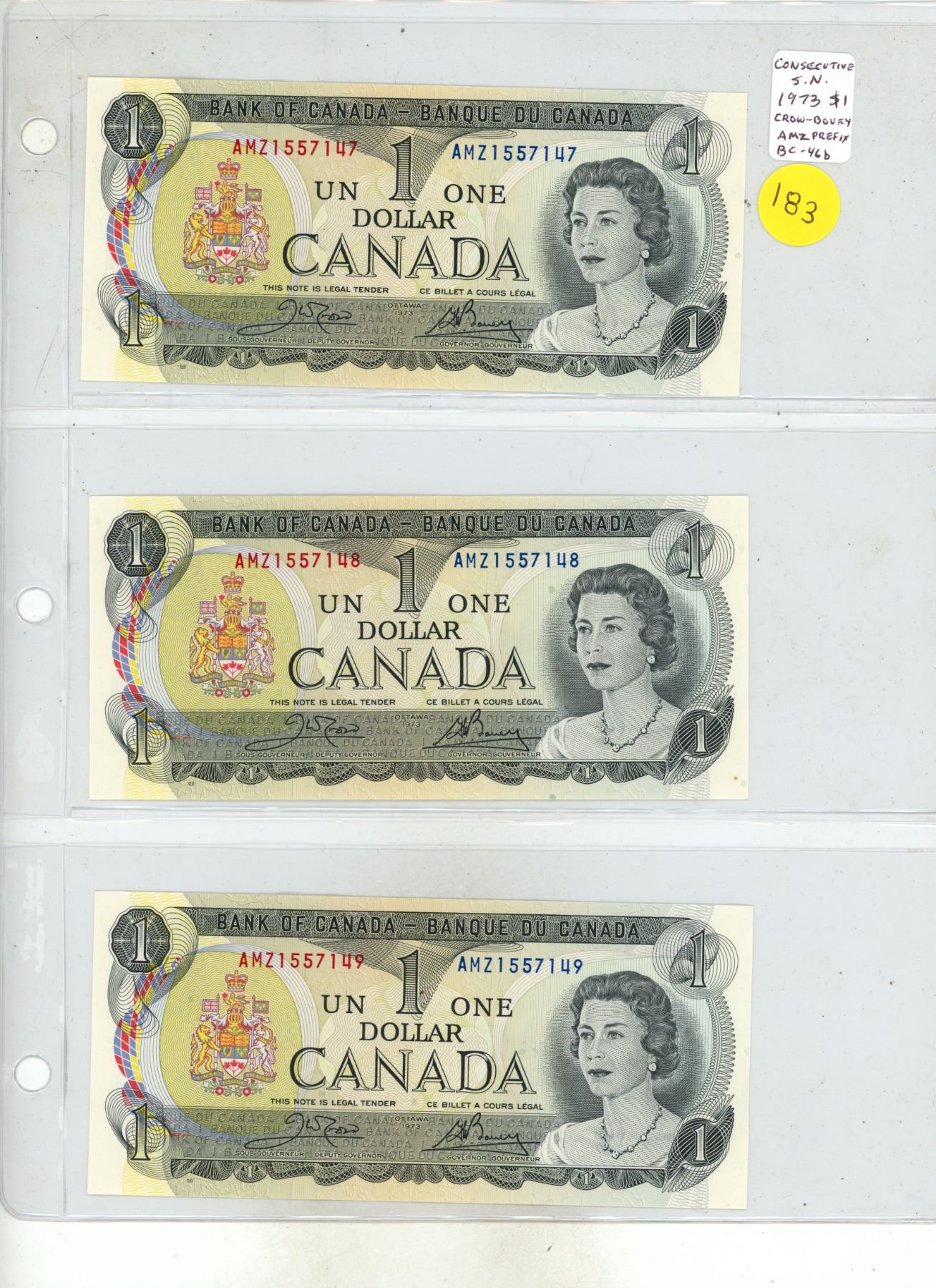 Set of 3 Consecutive Serial Number 1973 $1 notes. Crow-Bouey signatures ...