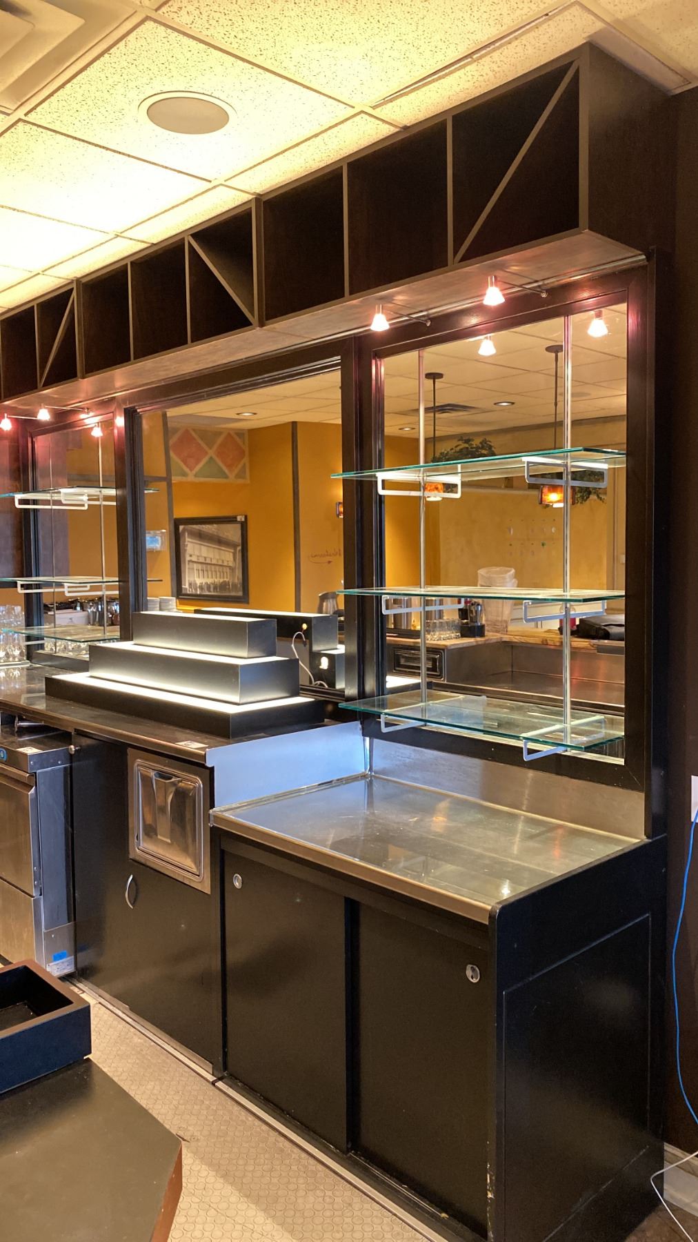 COMMERCIAL MIRRORED BACK BAR WALL UNIT WITH GLASS SHELVED & STAINLESS ...