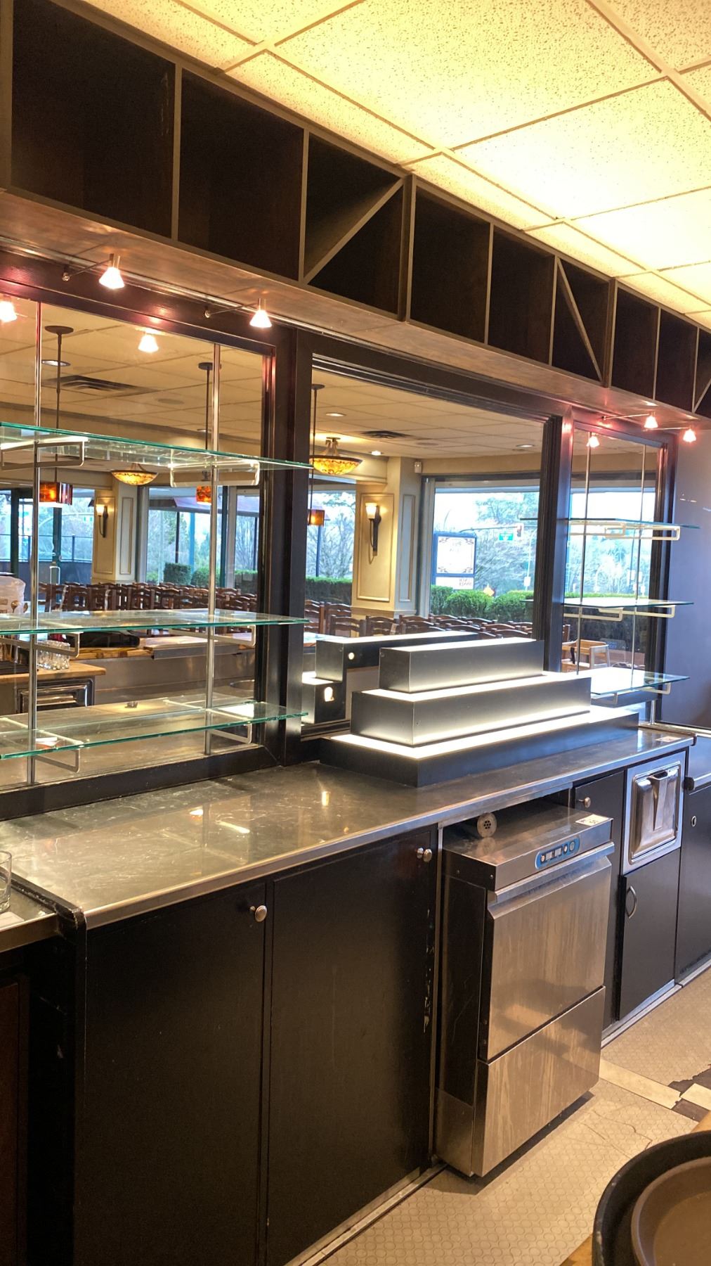 COMMERCIAL MIRRORED BACK BAR WALL UNIT WITH GLASS SHELVED & STAINLESS ...