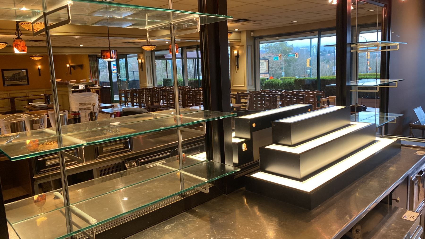 COMMERCIAL MIRRORED BACK BAR WALL UNIT WITH GLASS SHELVED & STAINLESS ...