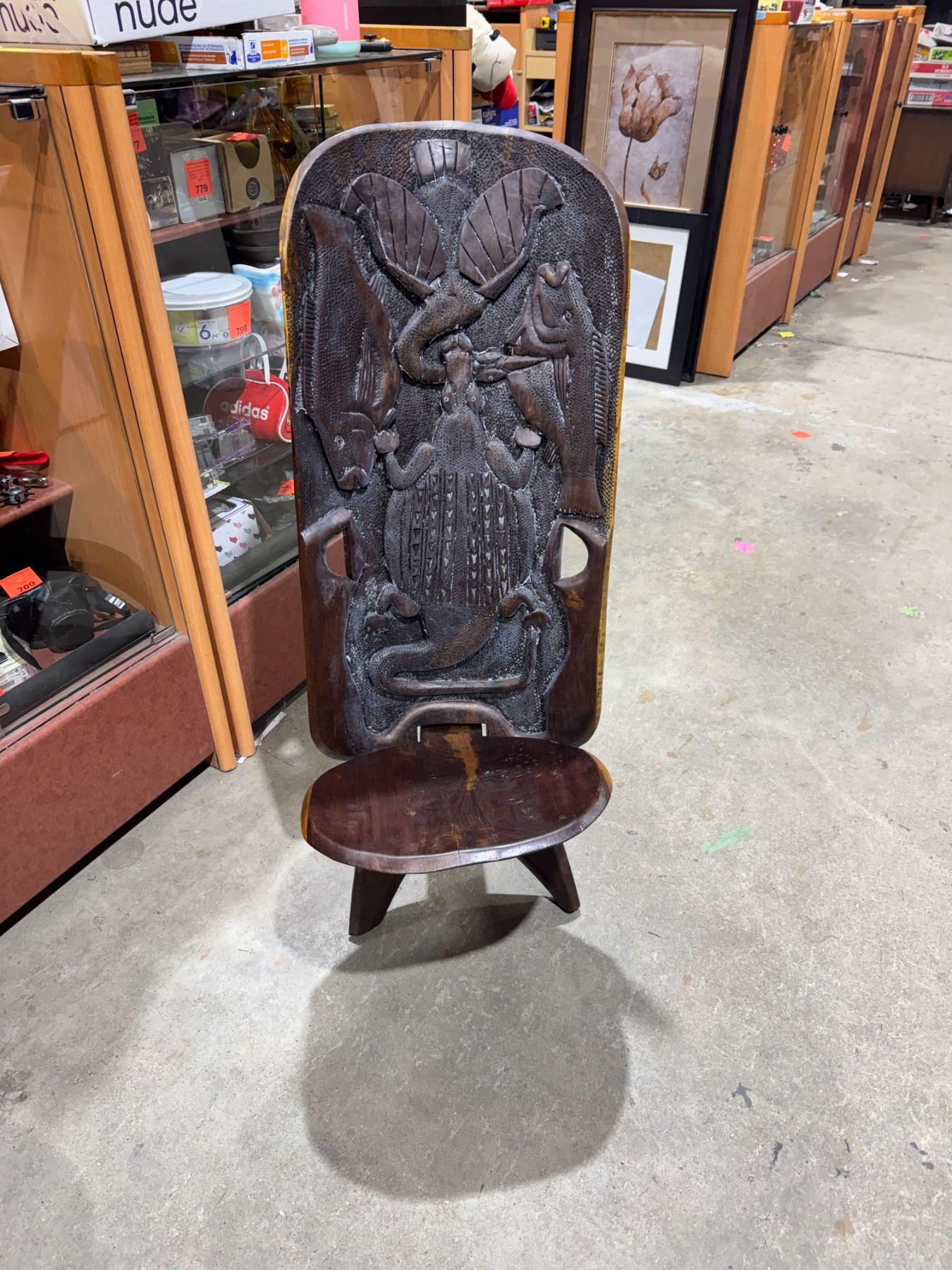 African carved wood tribal chief's or palaver chair with fish and ...