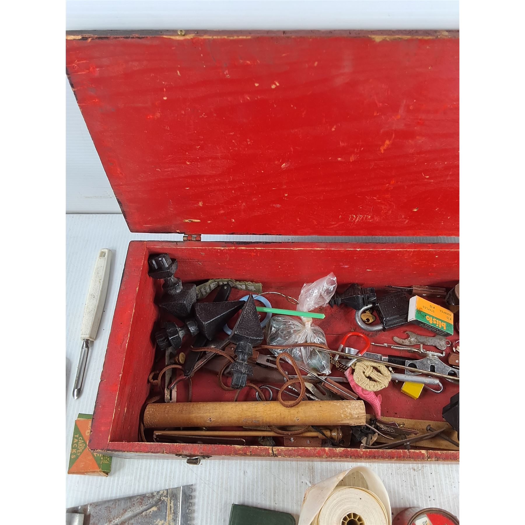 1930s Wooden Tool Box 21 1/2" x 8" x 4", Solder, Potato Peeler, Locks ...
