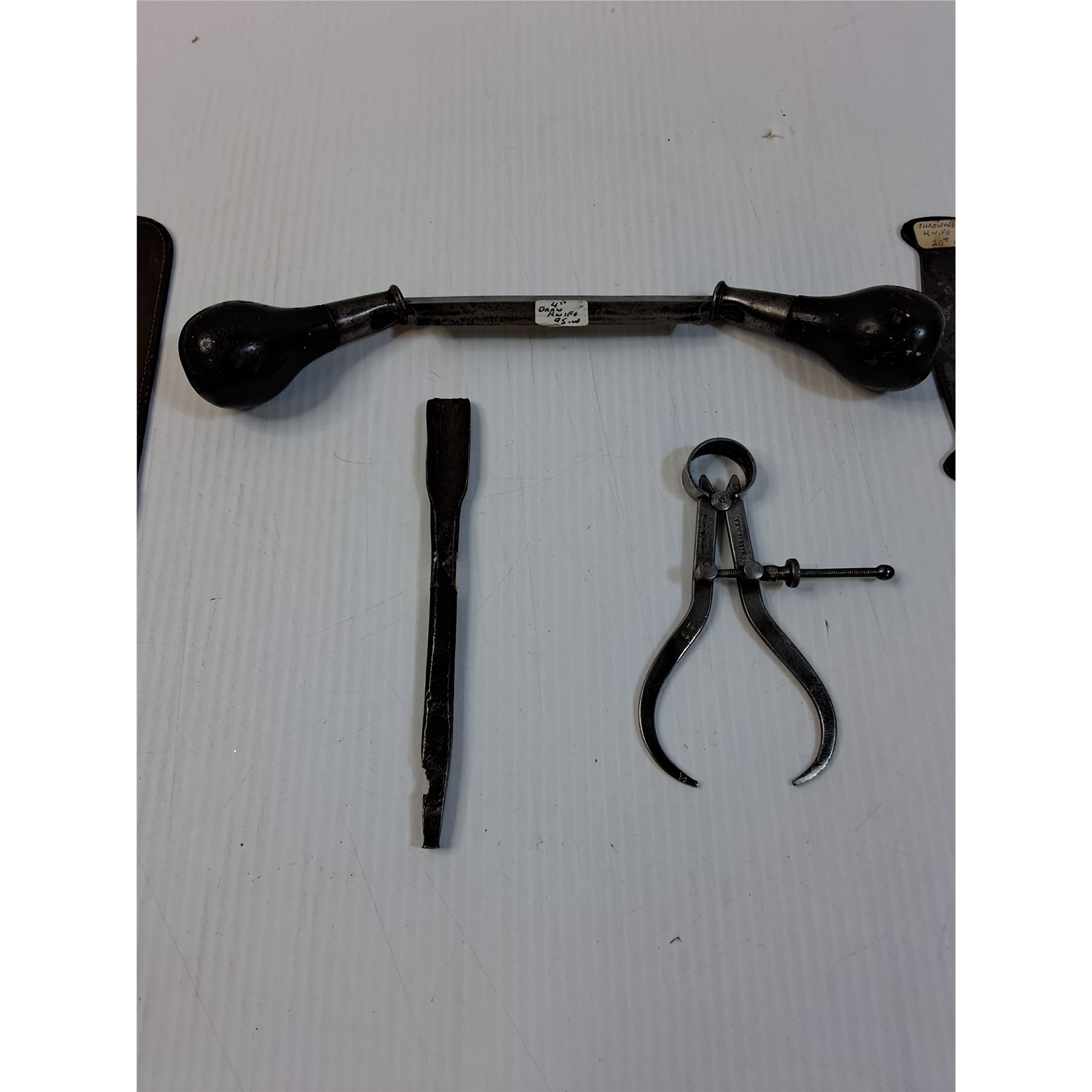 (5) Vintage Hand Tools: Draw Knife, Caliper, Ruler, Throwing Knife ...