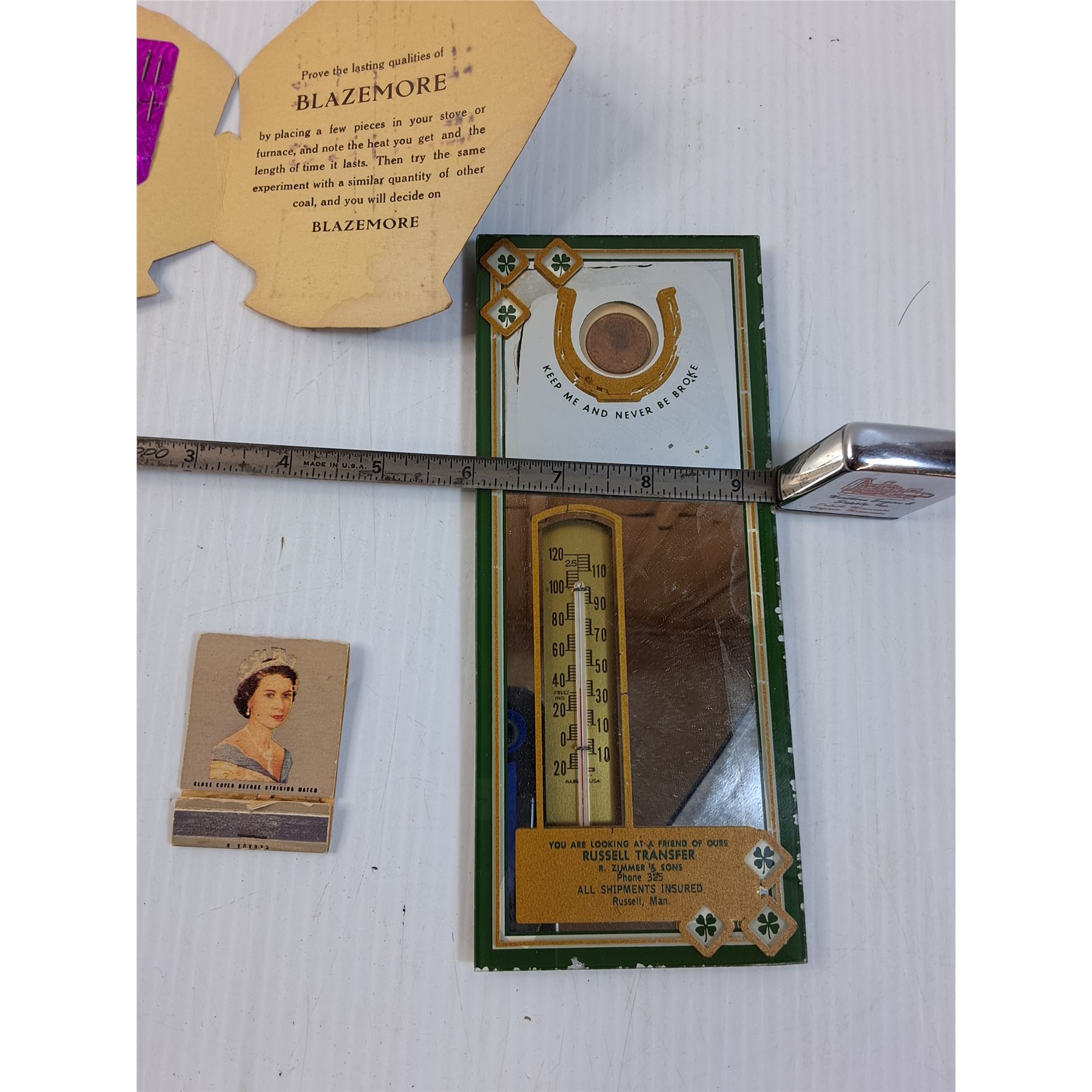 Lot: Vintage Zippo Measuring Tape, Temperature Gauge, Blazemore Coal ...