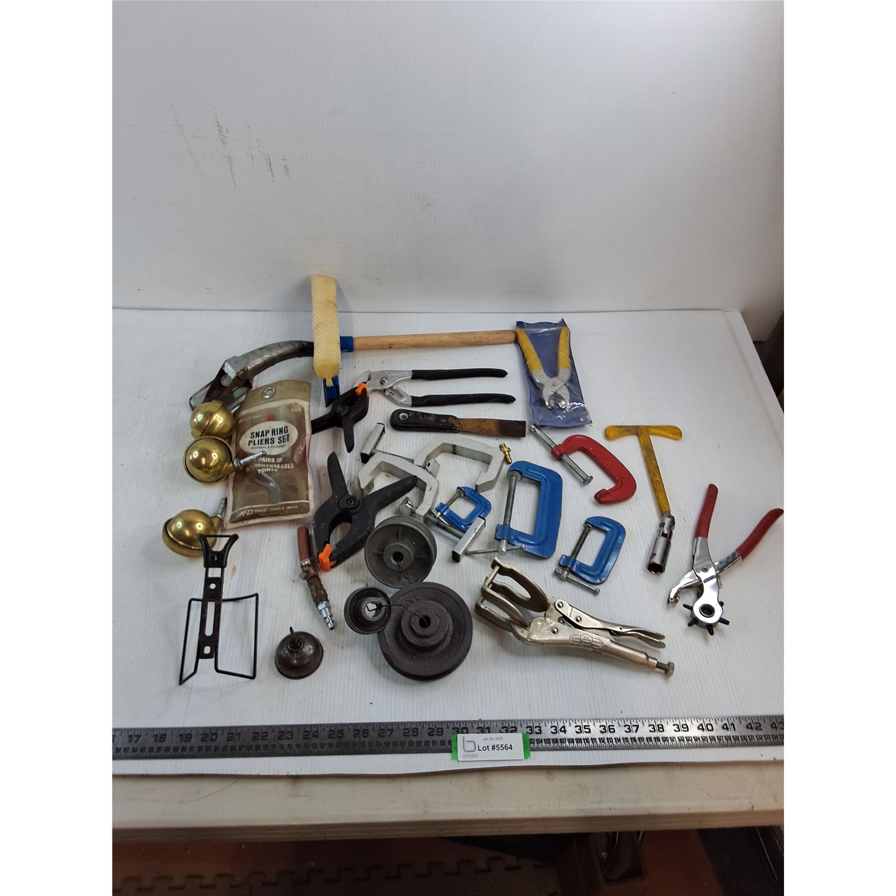 Assorted C-Clamps, Pulley Wheels, Vice Grip, Leather Punches, Misc ...