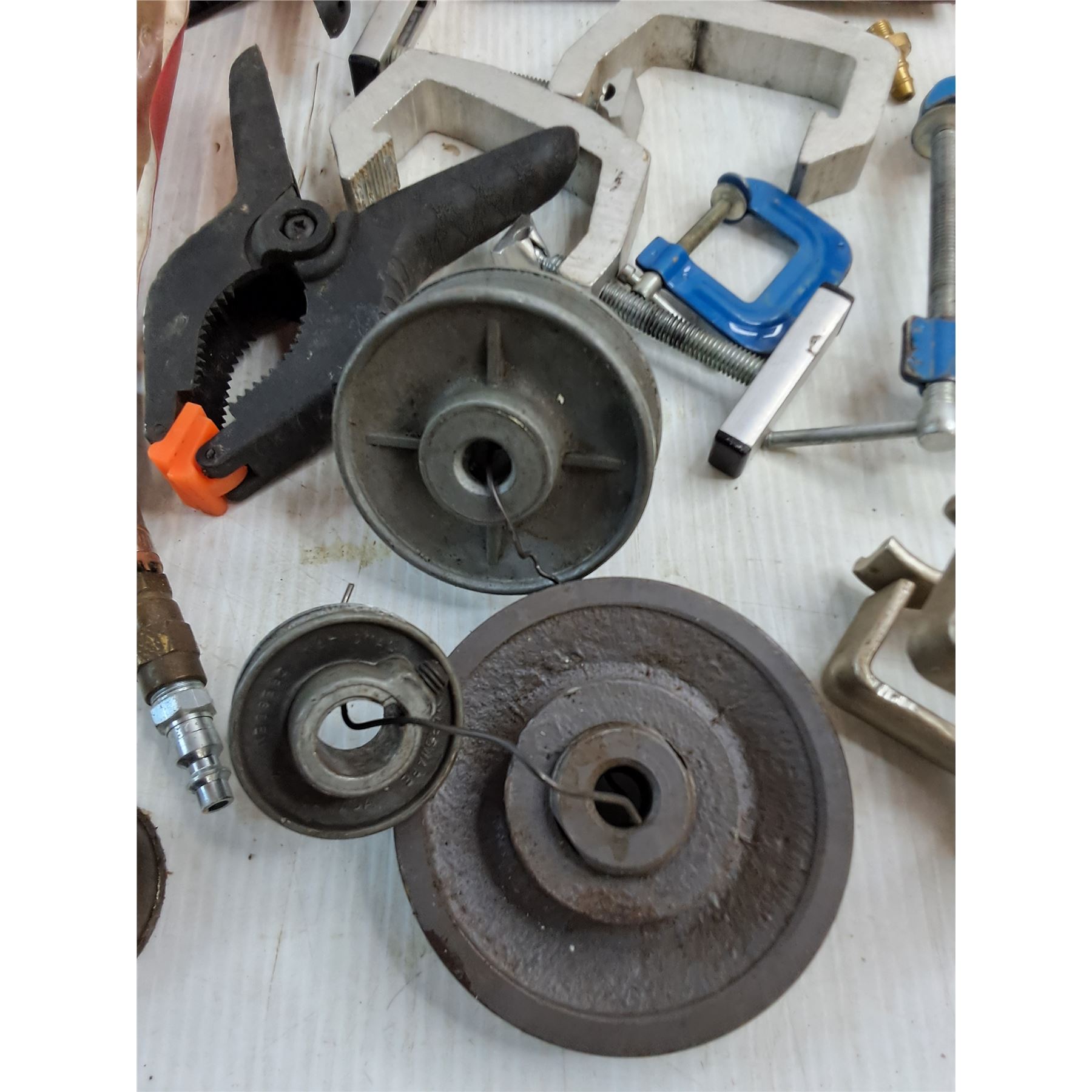 Assorted C-Clamps, Pulley Wheels, Vice Grip, Leather Punches, Misc ...