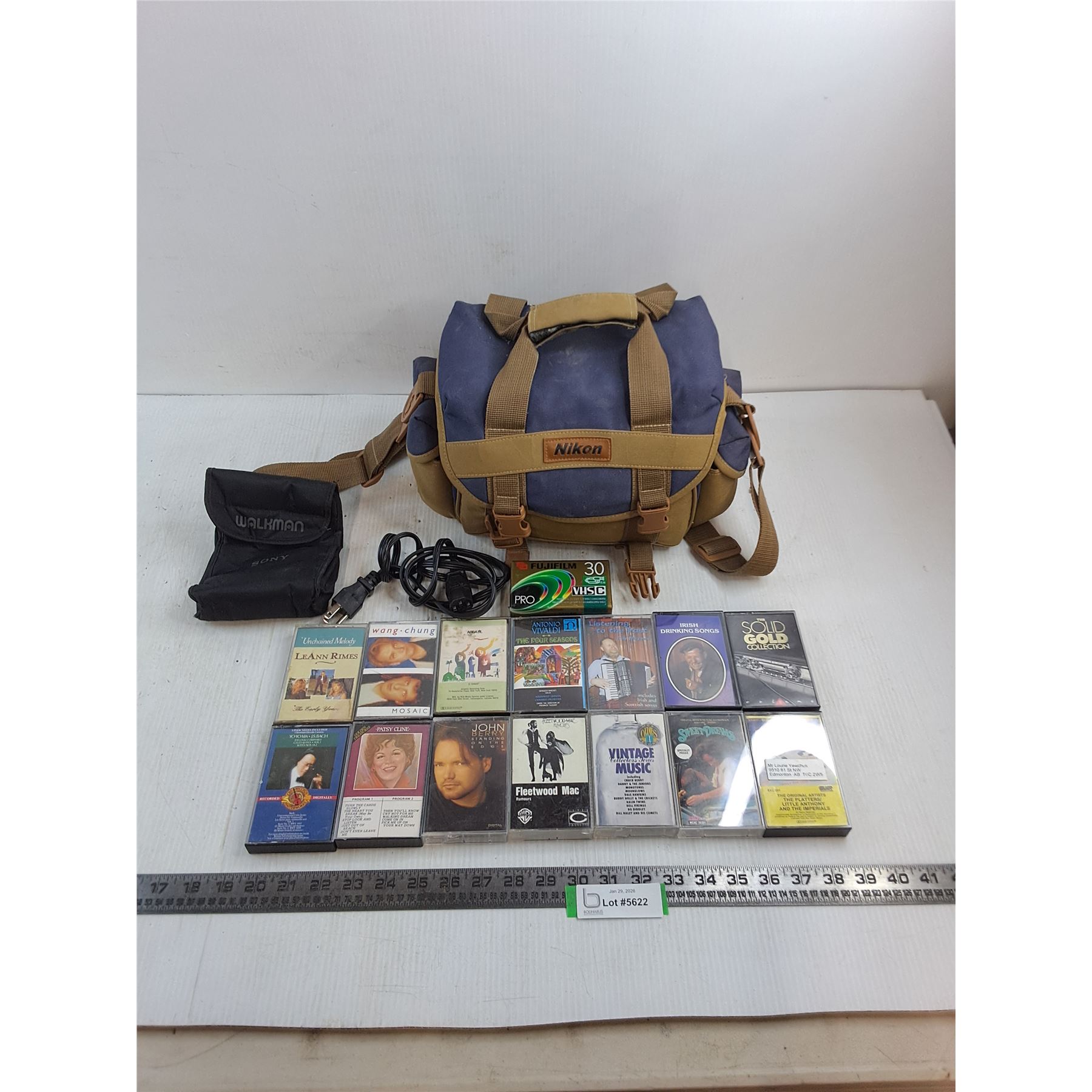 Nikon Camera Bag, Assorted Cassette Tapes, Walkman Tote, Misc ...