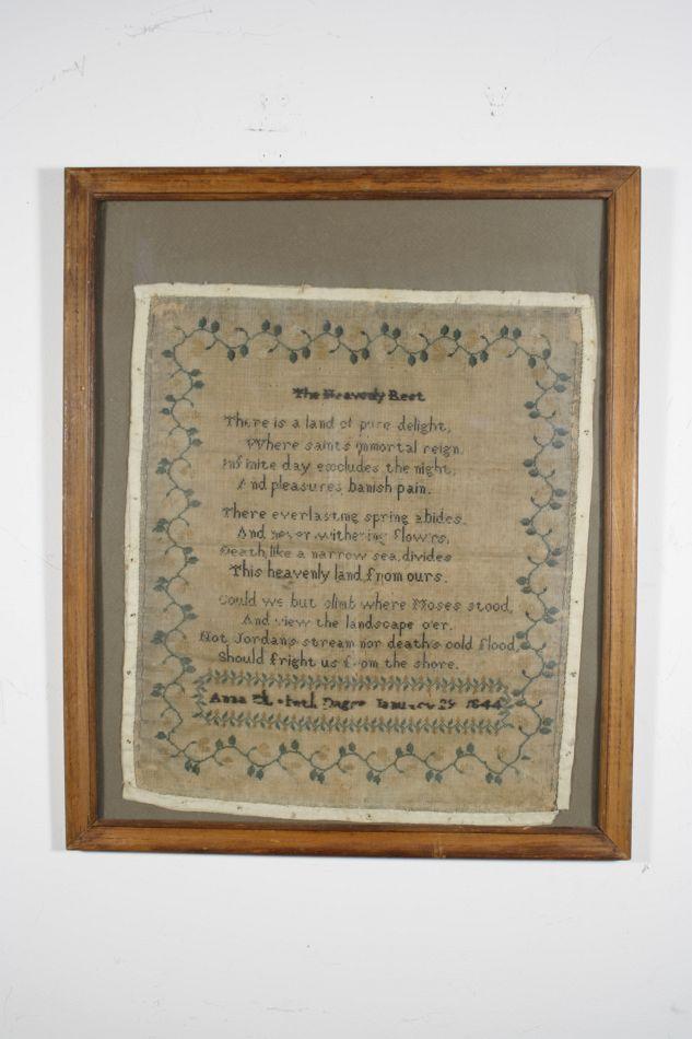 An Embroidered and Beaded Sampler, dated 1844, "The Heavenly Rest" poem,