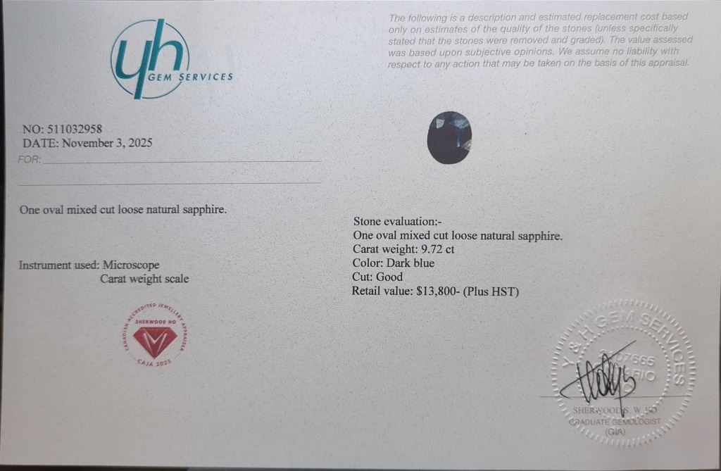 9.72 CT CERTIFIED MIDNIGHT SAPPHIRE GEMSTONE ($13,800 APPRAISAL)