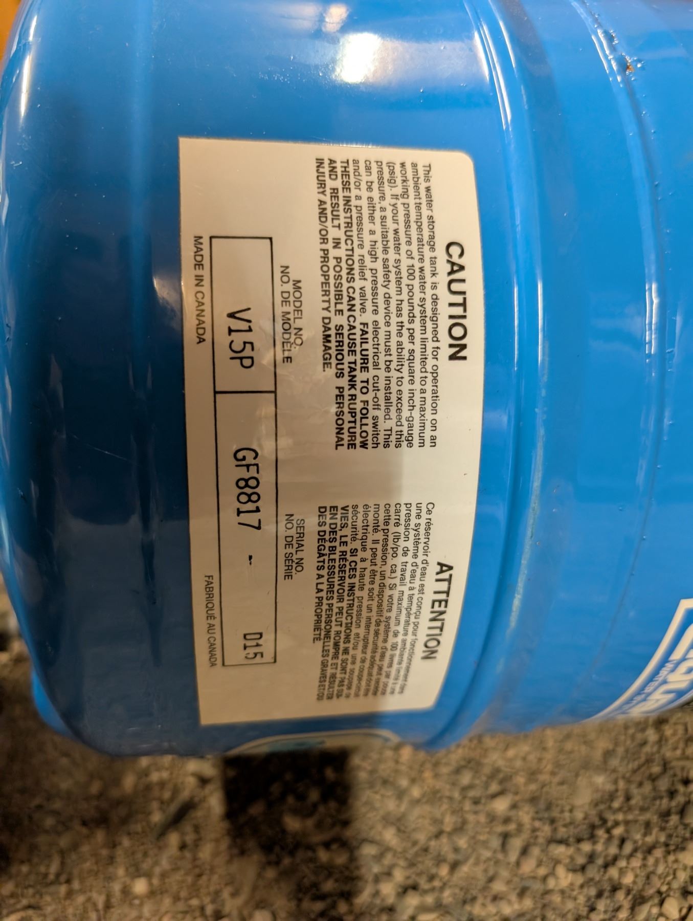 Model V15P Ser. GF8817 Canadian Water System Association A.O.Smith Aqua ...