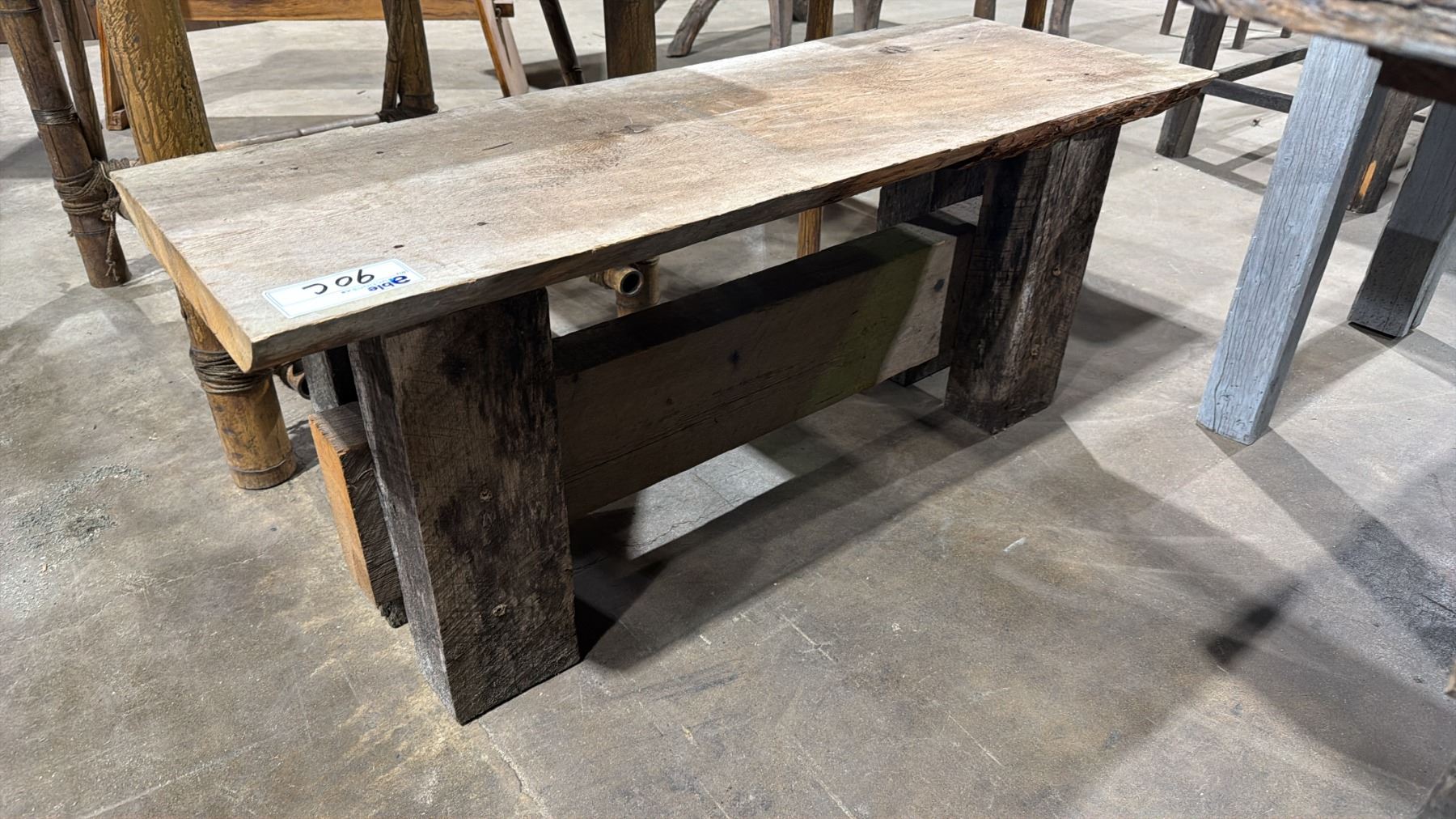 RUSTIC WOOD PLANK BENCH SEAT WITH HEAVY TIMBER BEAM BASE - Able Auctions