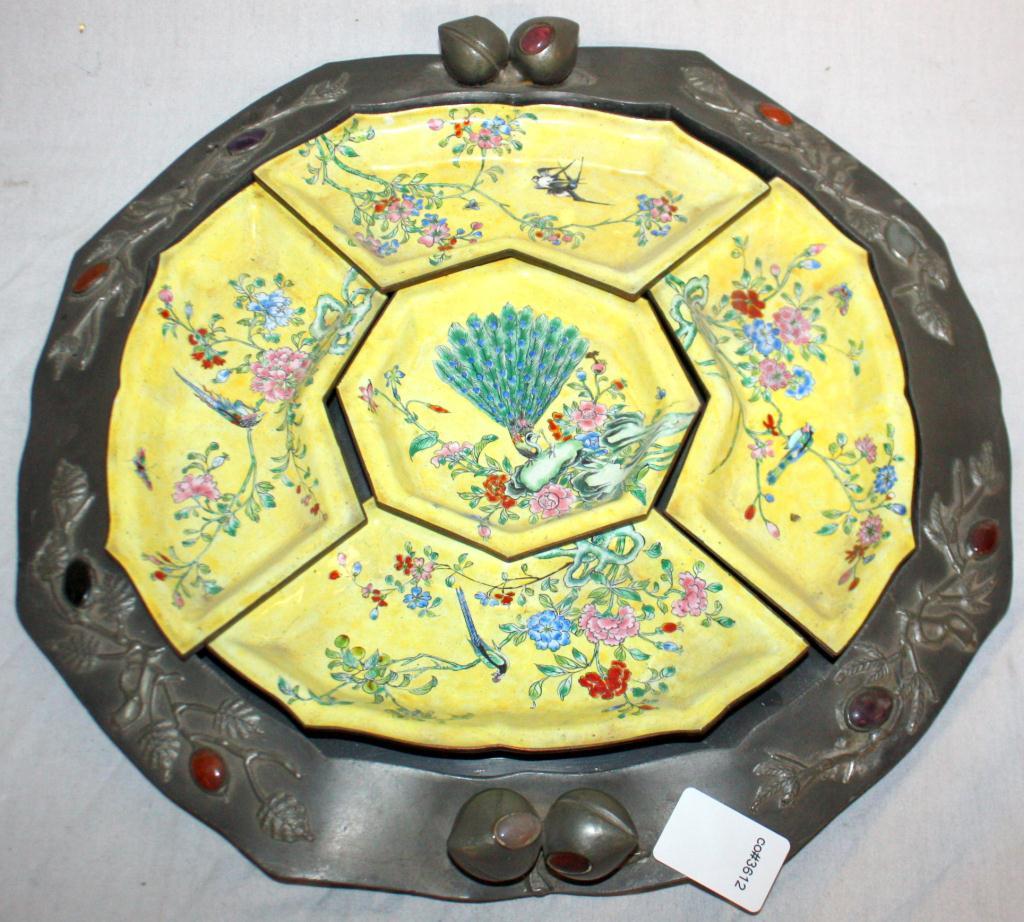 Chinese Pewter Center Bowl w/ Enamel Trays