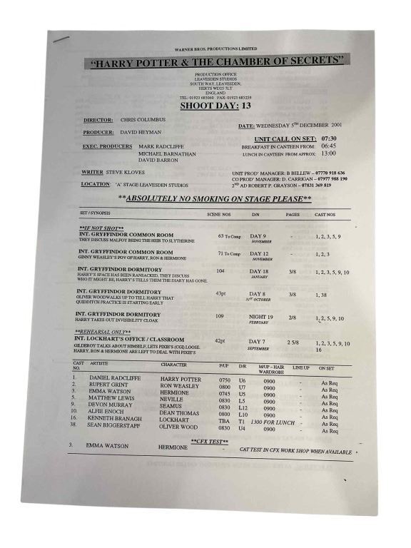 Harry Potter and the Chamber of Secrets (2002) - Call Sheet