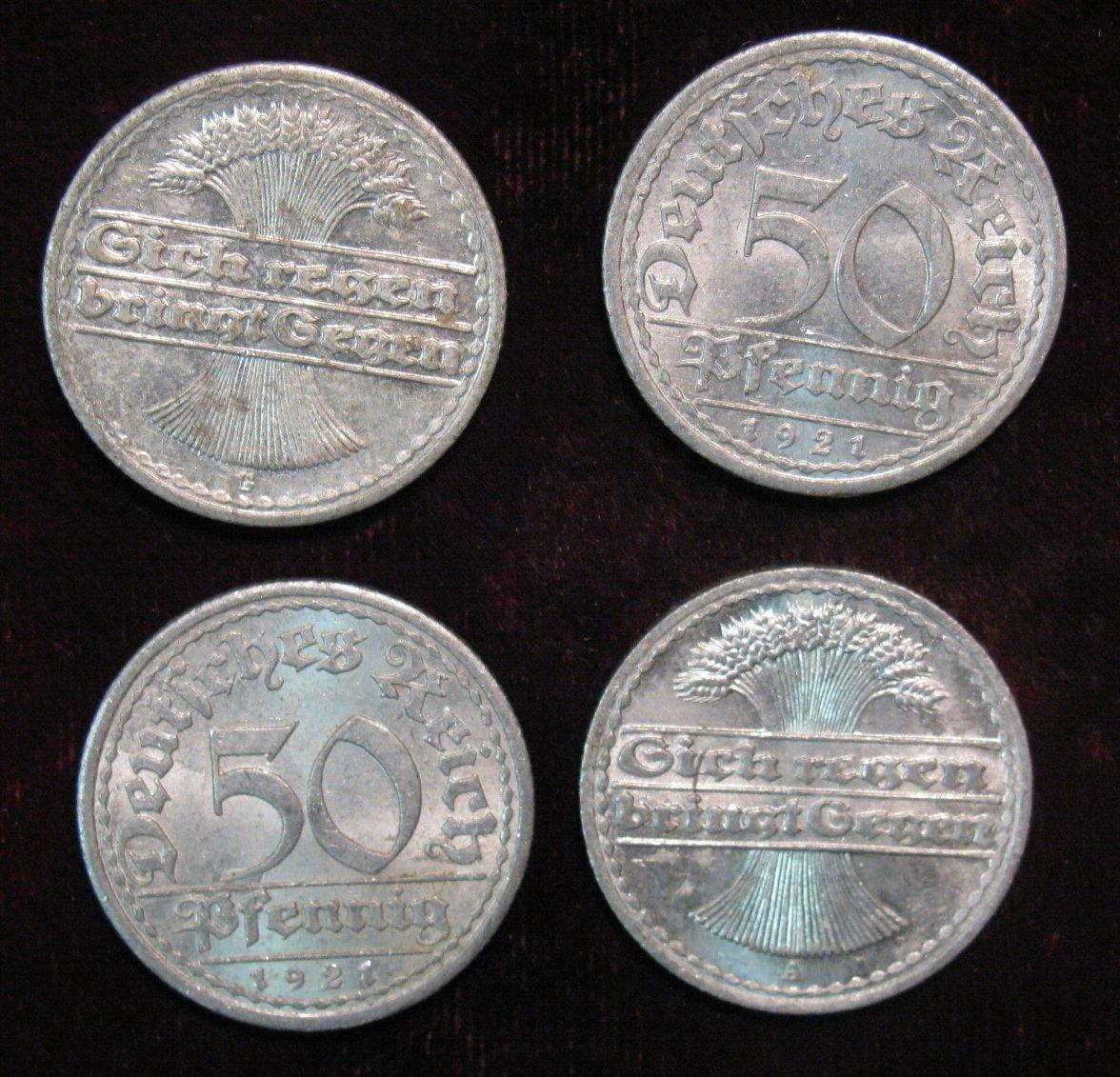 64. (4) 1921 German 50 Pfennig Coins. All AU.