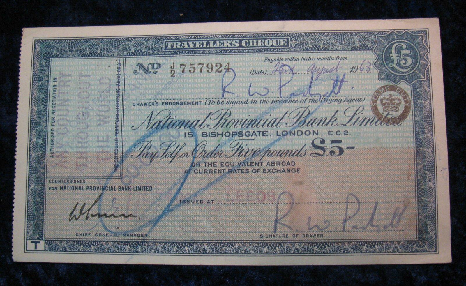 803. British Traveler Check 1963 for 5-Pounds.