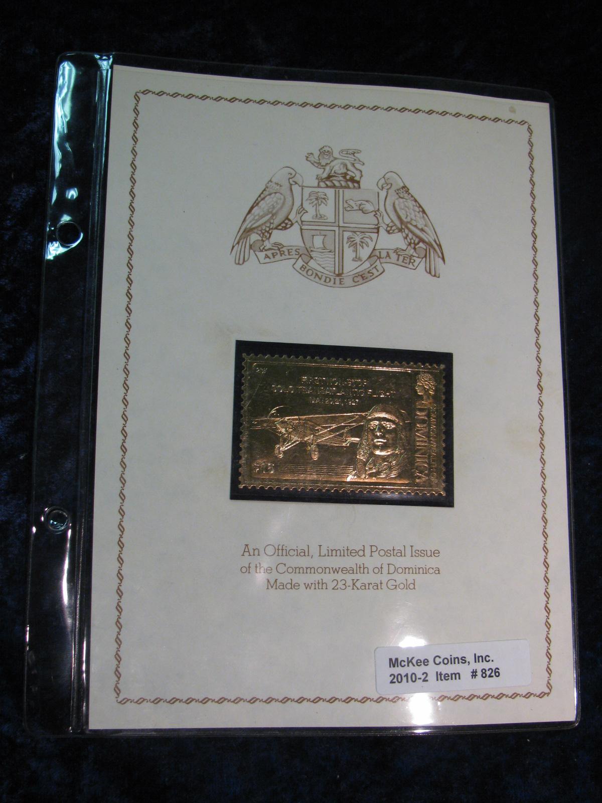 826. Dominica 23K Gold Stamp, Charles Lindberg.