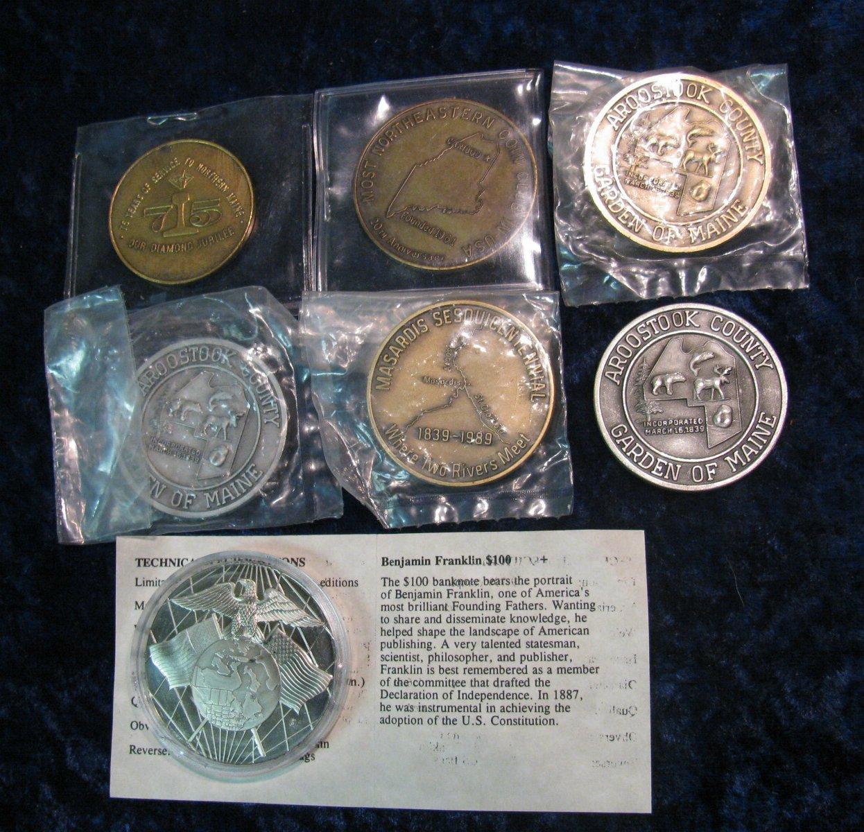 845. 6- Bronze $ Pewter Medals from Maine, $100. Banknote Medal.