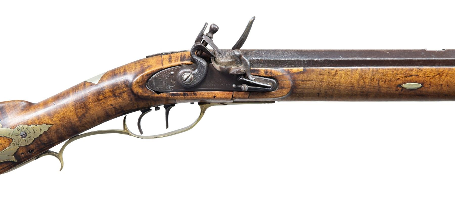WILLIAM HAWKEN HEAVY FULL STOCK FLINTLOCK RIFLE.