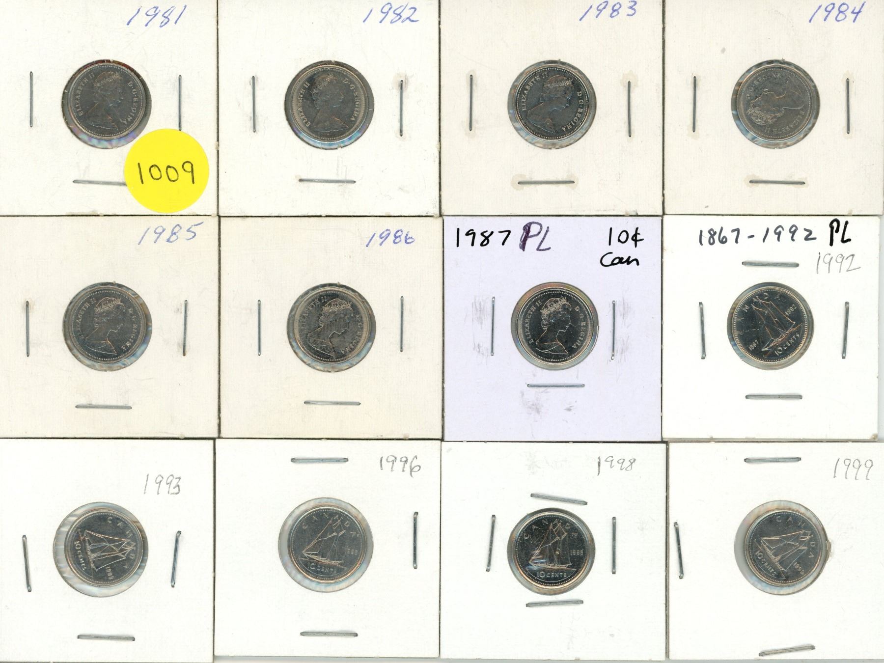 1981-1986, 1987 PL, 1992 PL, 1993, 1996, 1998 Canadian Ten Cents ...