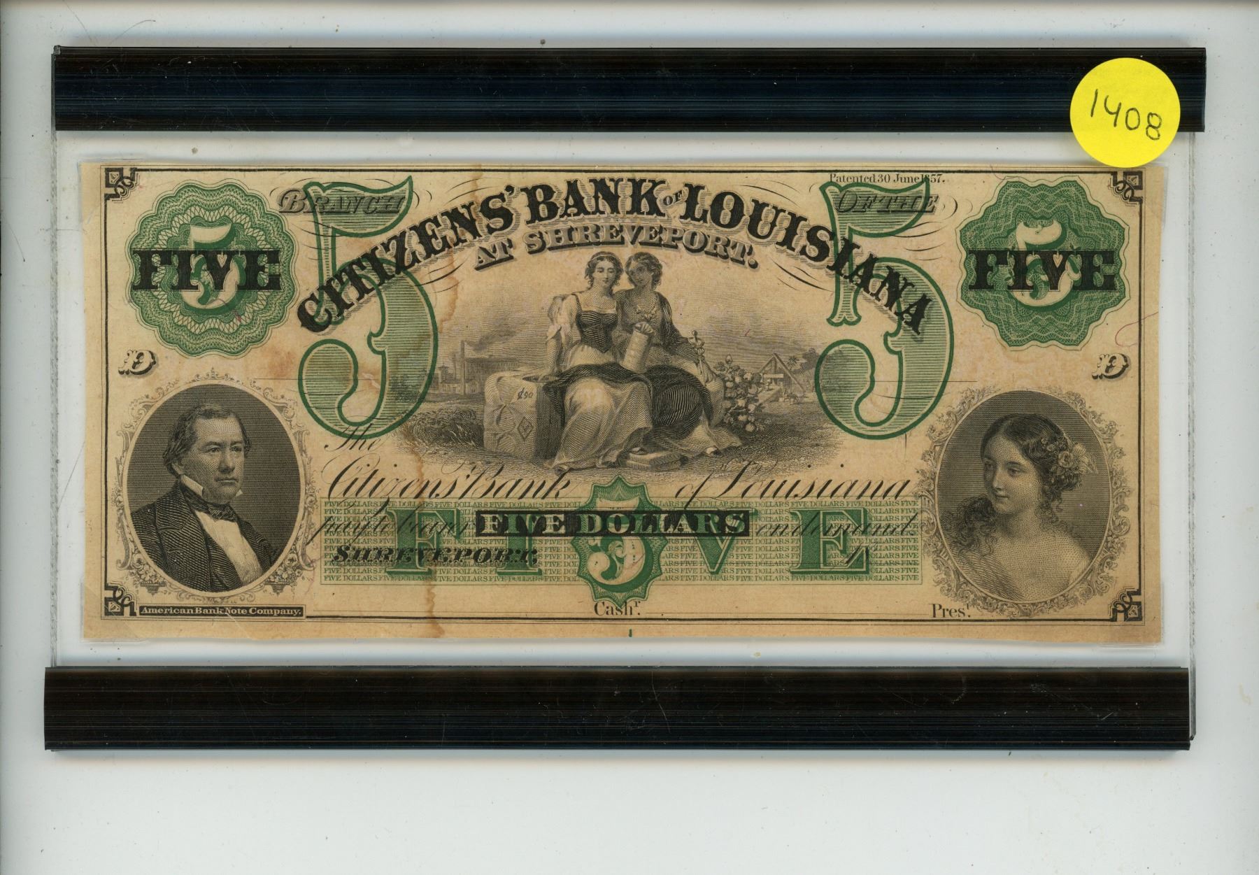 1860s $5 Citizens' Bank of Louisiana obsolete banknote. The note is a ...