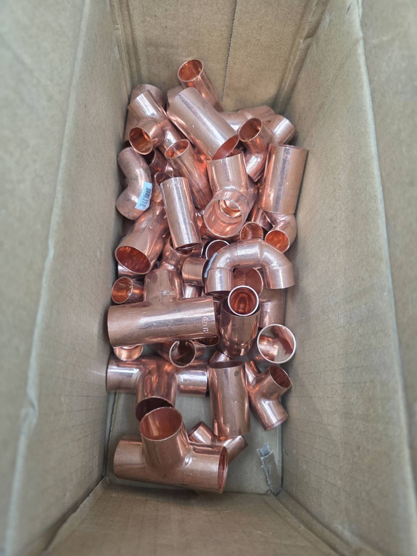 Box Of Assorted Copper Pipe Fittings Including Elbows and Tees