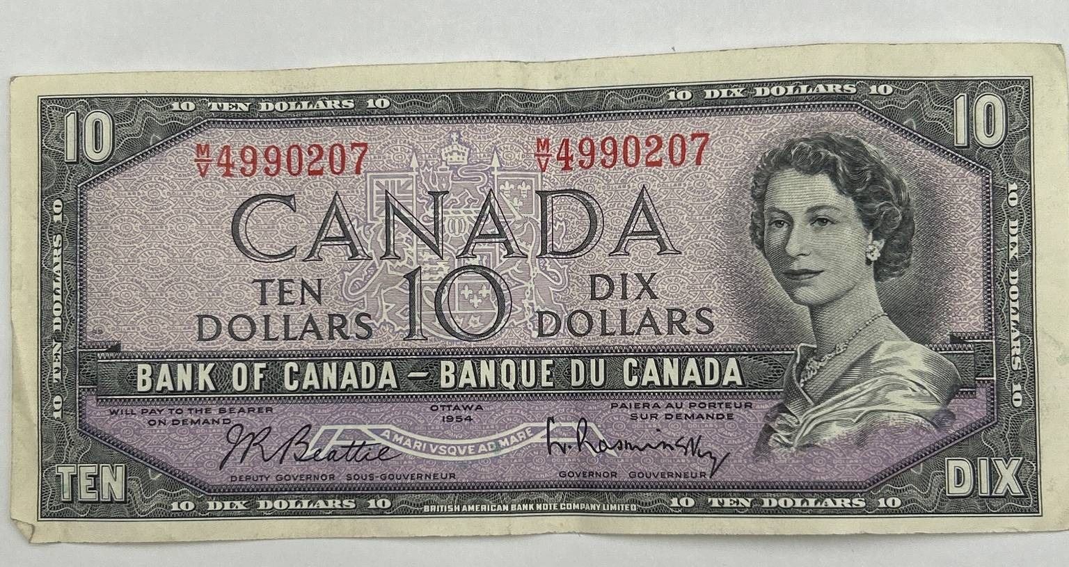 1954 Canadian Ten Dollar Banknote With Queen Elizabeth II Portrait