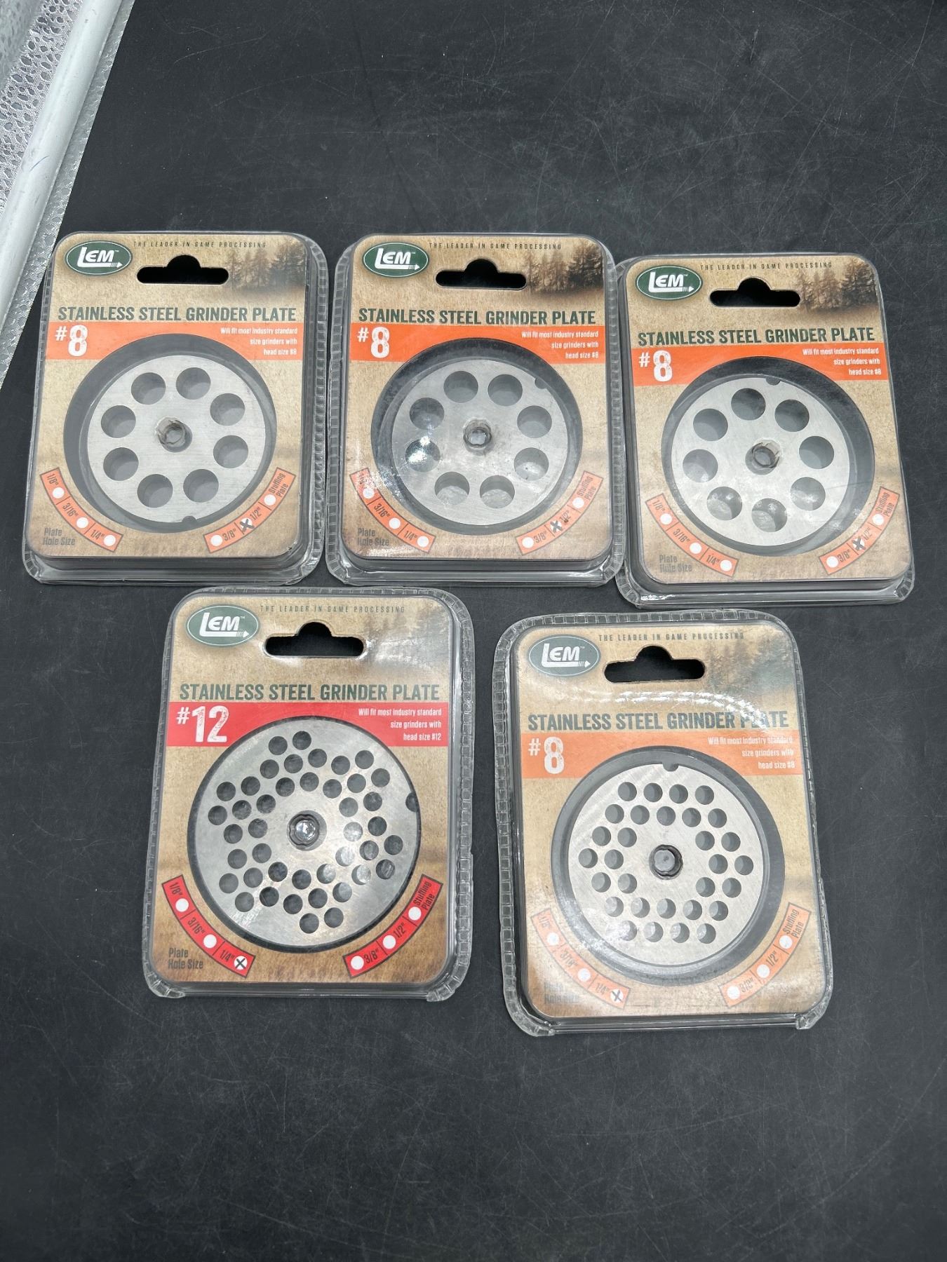 Assorted Lot of LEM Stainless Steel Grinder Plates #8 and #12, Set of 5