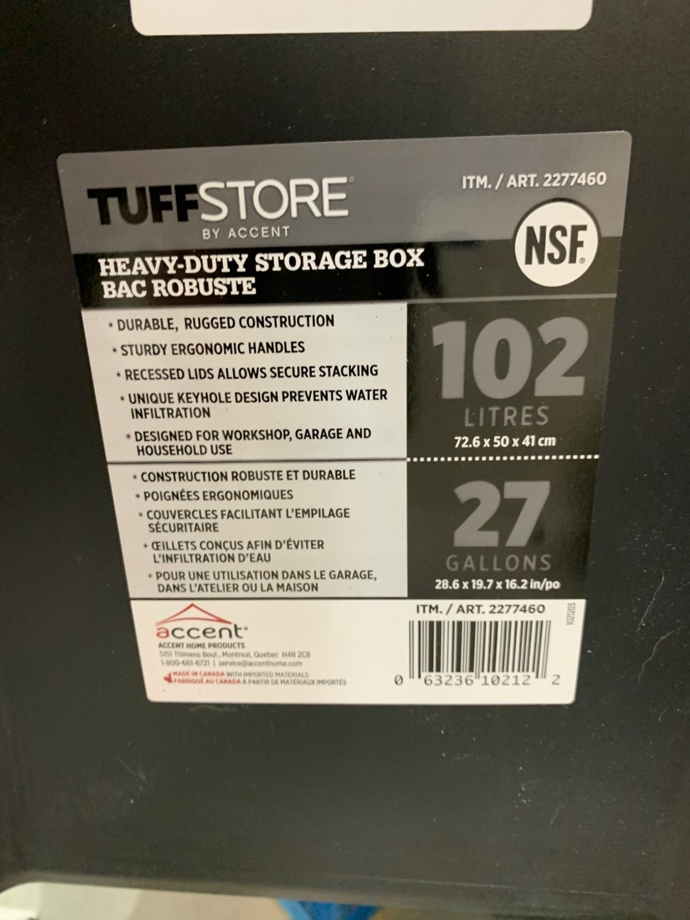 Tuff Store Heavy-Duty Storage Box, 102 Liters/27 Gallons, Model 2277460