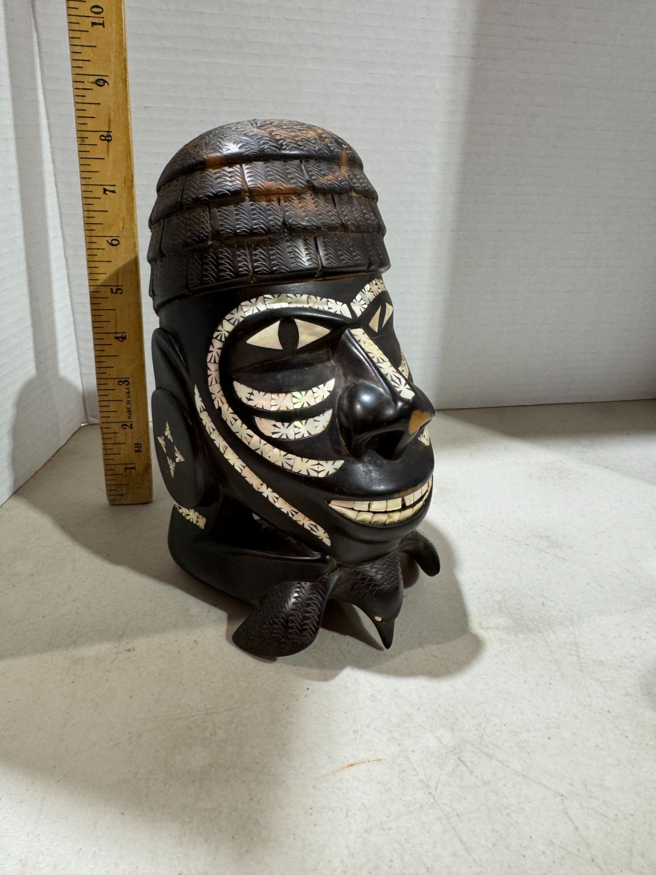EARLY SOLOMON ISLANDS CANOE PROW HEAD NGUZU-NGUZU INLAID PEARL SHELL ...