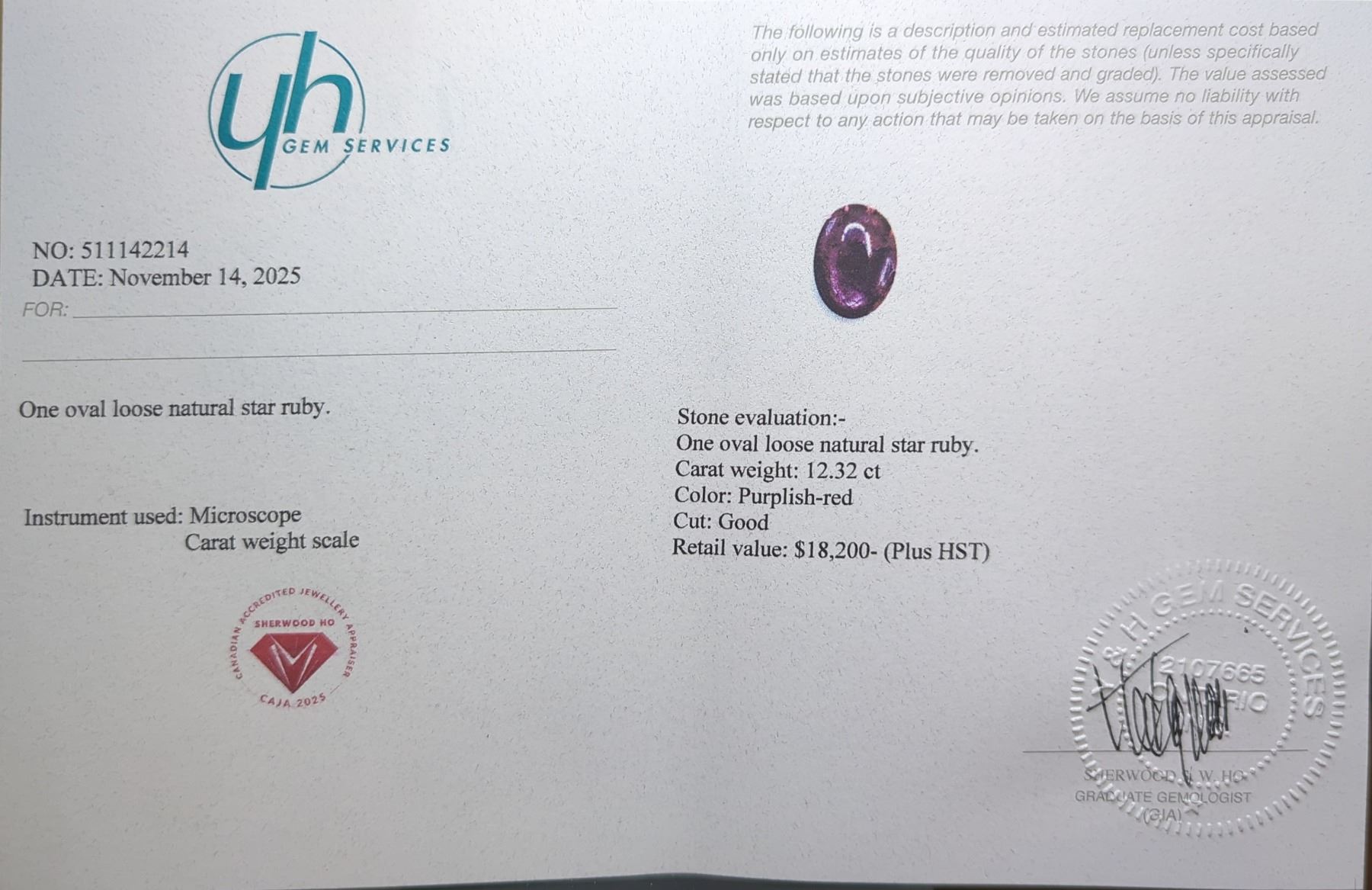 $18,200 Appraisal - 12.32 ct Cert. Untreated Star Ruby gemstone