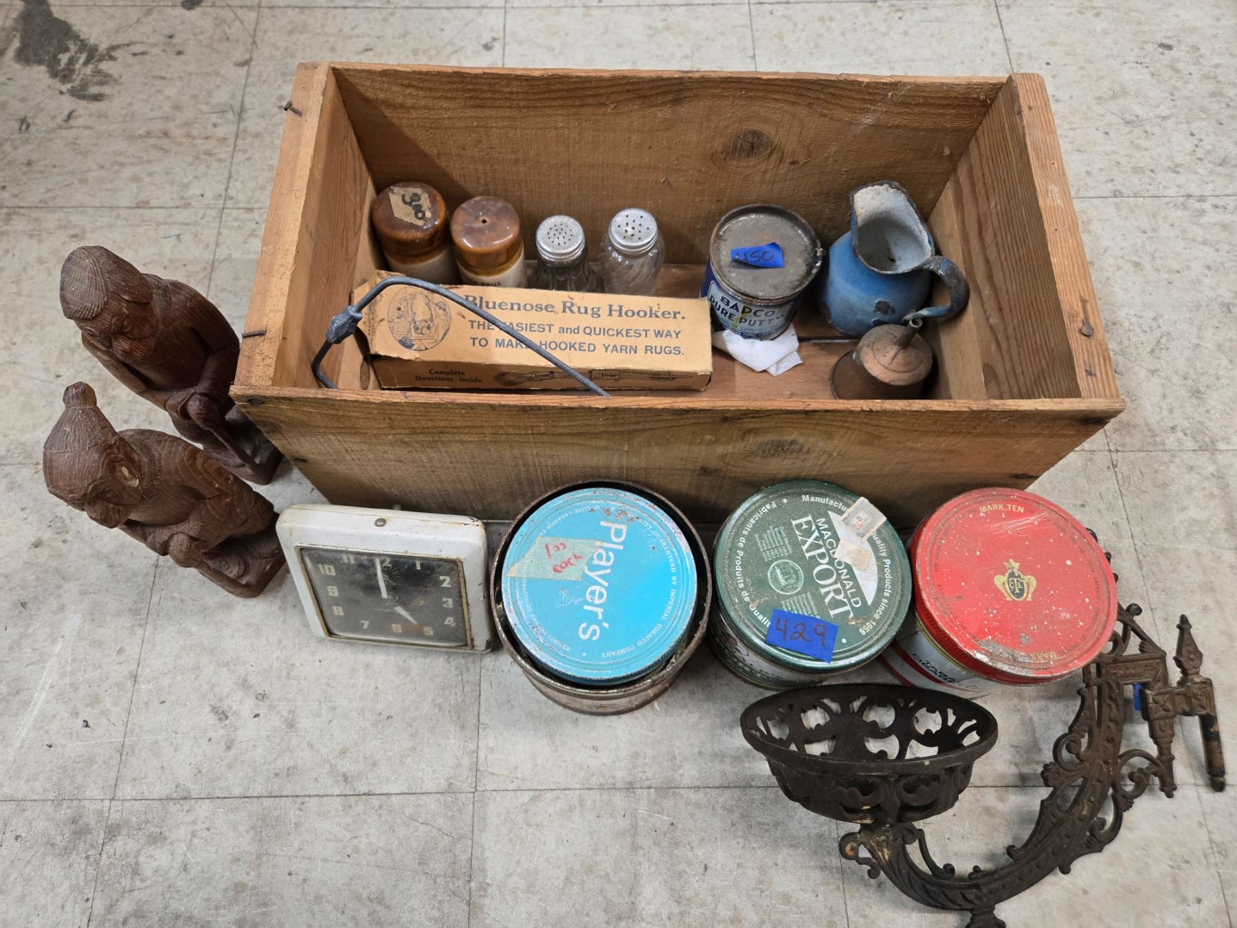 collection of vintage items in a classic wooden crate (cw31)
