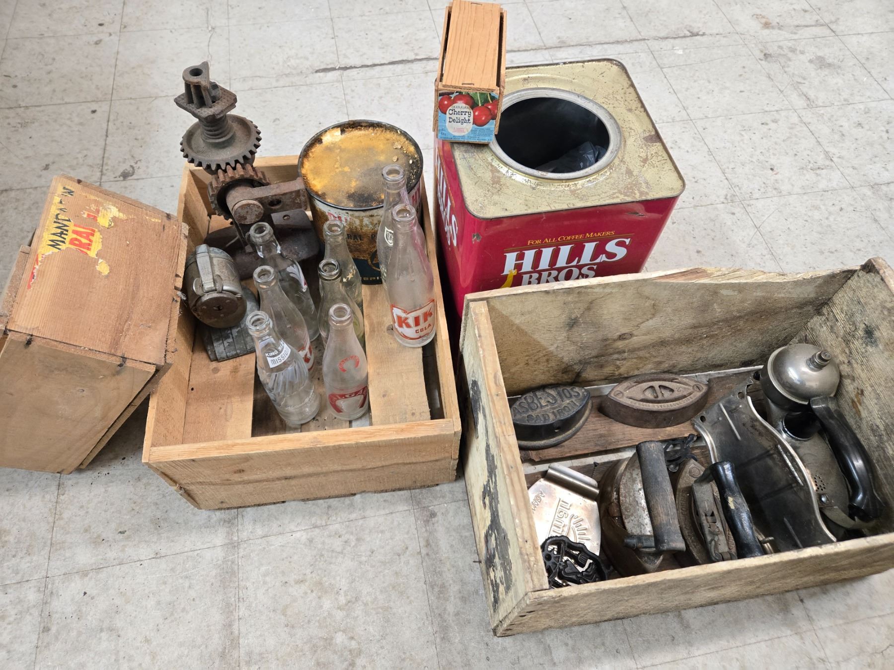 collection of vintage items in a classic wooden crate (cw31)