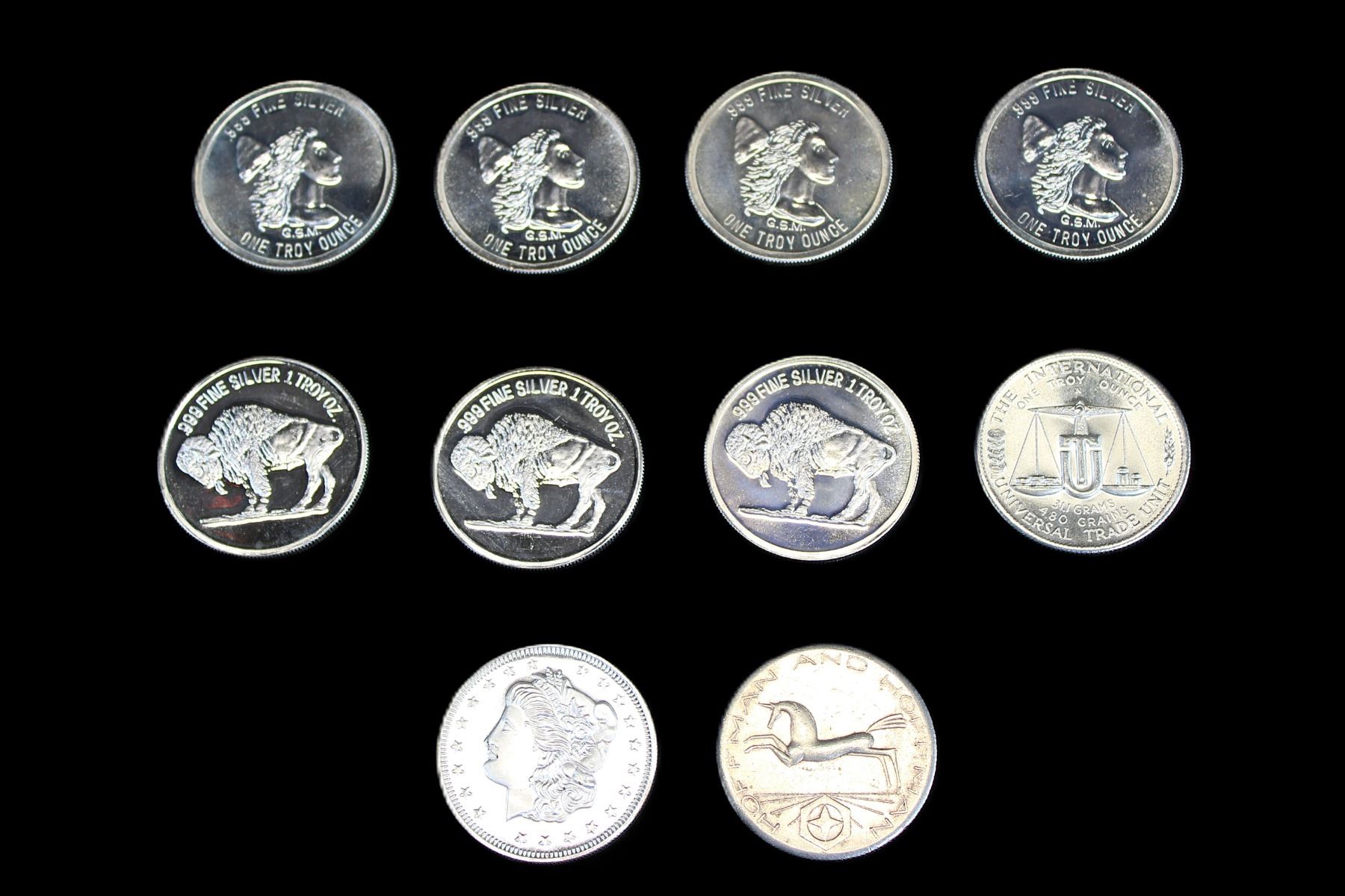 Ten 1 OZ Silver Rounds- Various Designs