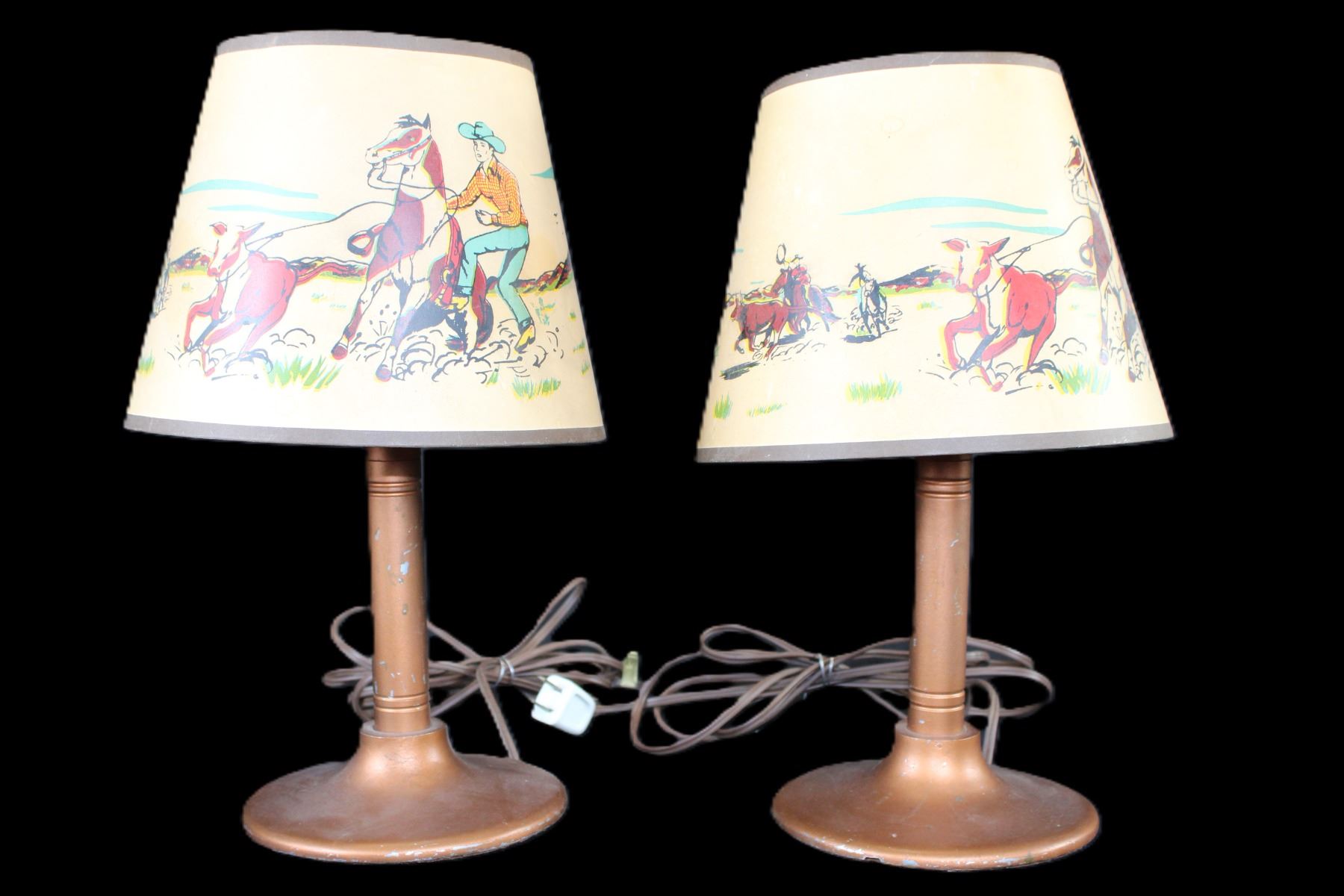 Pair Of Vintage Table Lamps With Cowboy Lamp Shades- 13"- Work