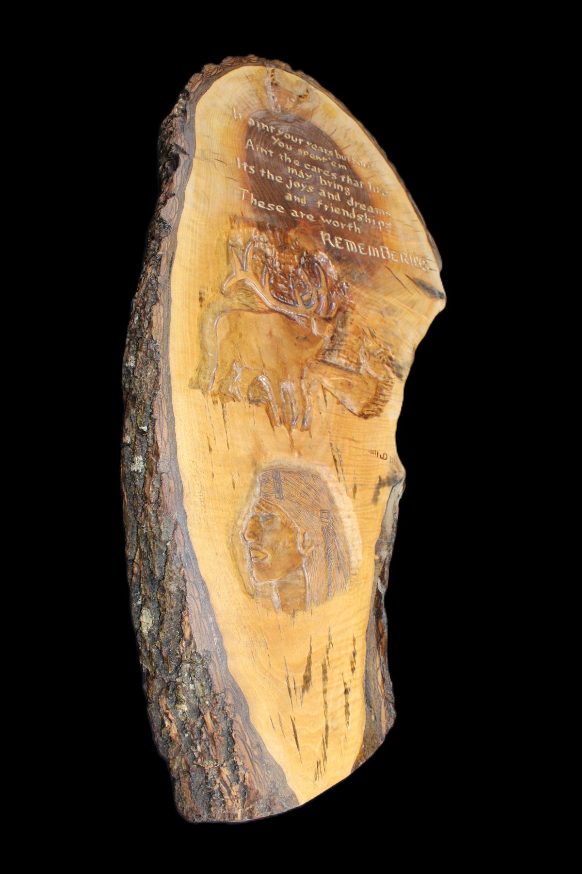 Large Wood Carving Of Buffalo, Elk, Indian- Poem Entitled "Remembering ...