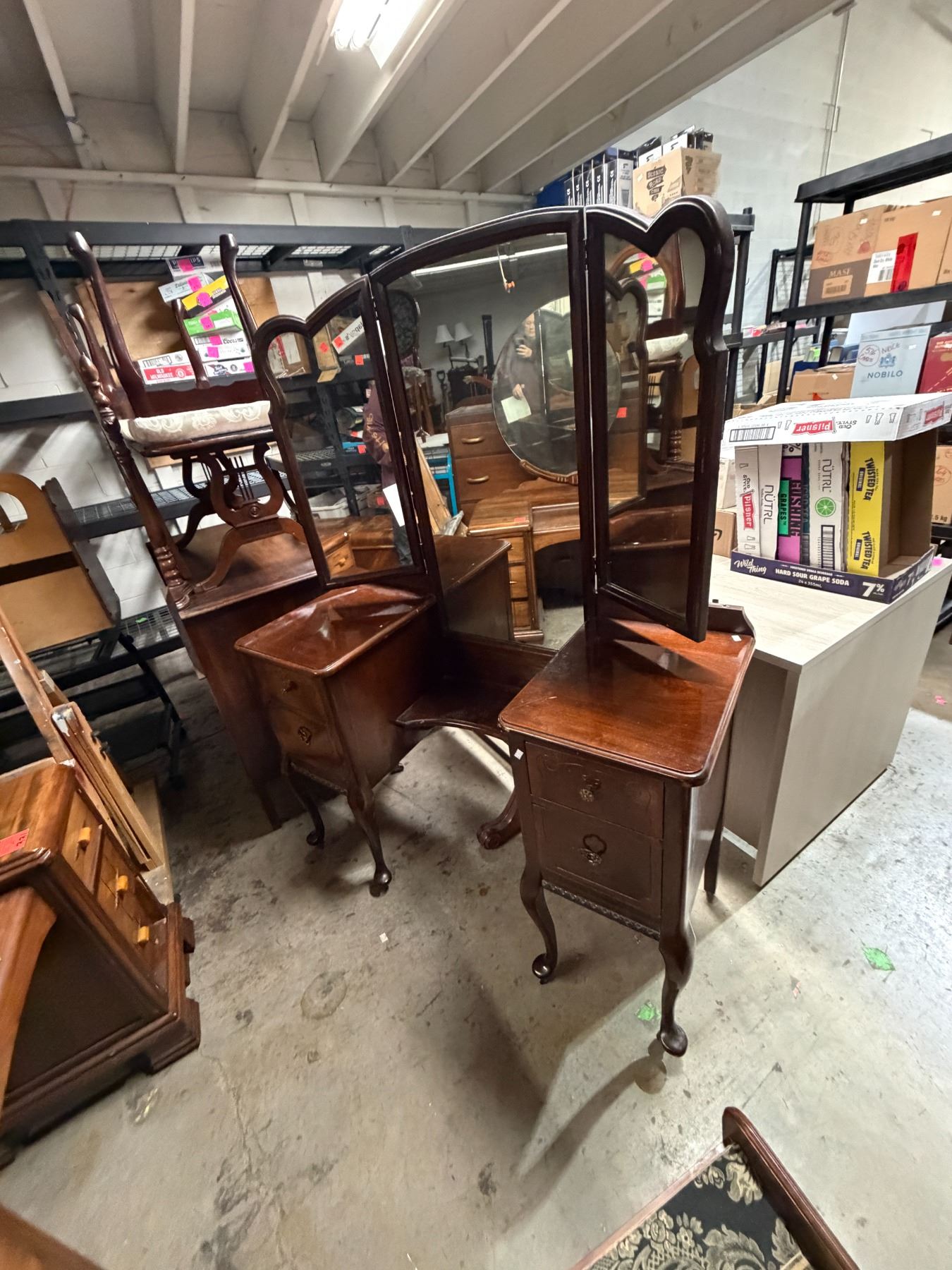 antique Queen Anne style mahogany drop-center vanity featuring a tri ...