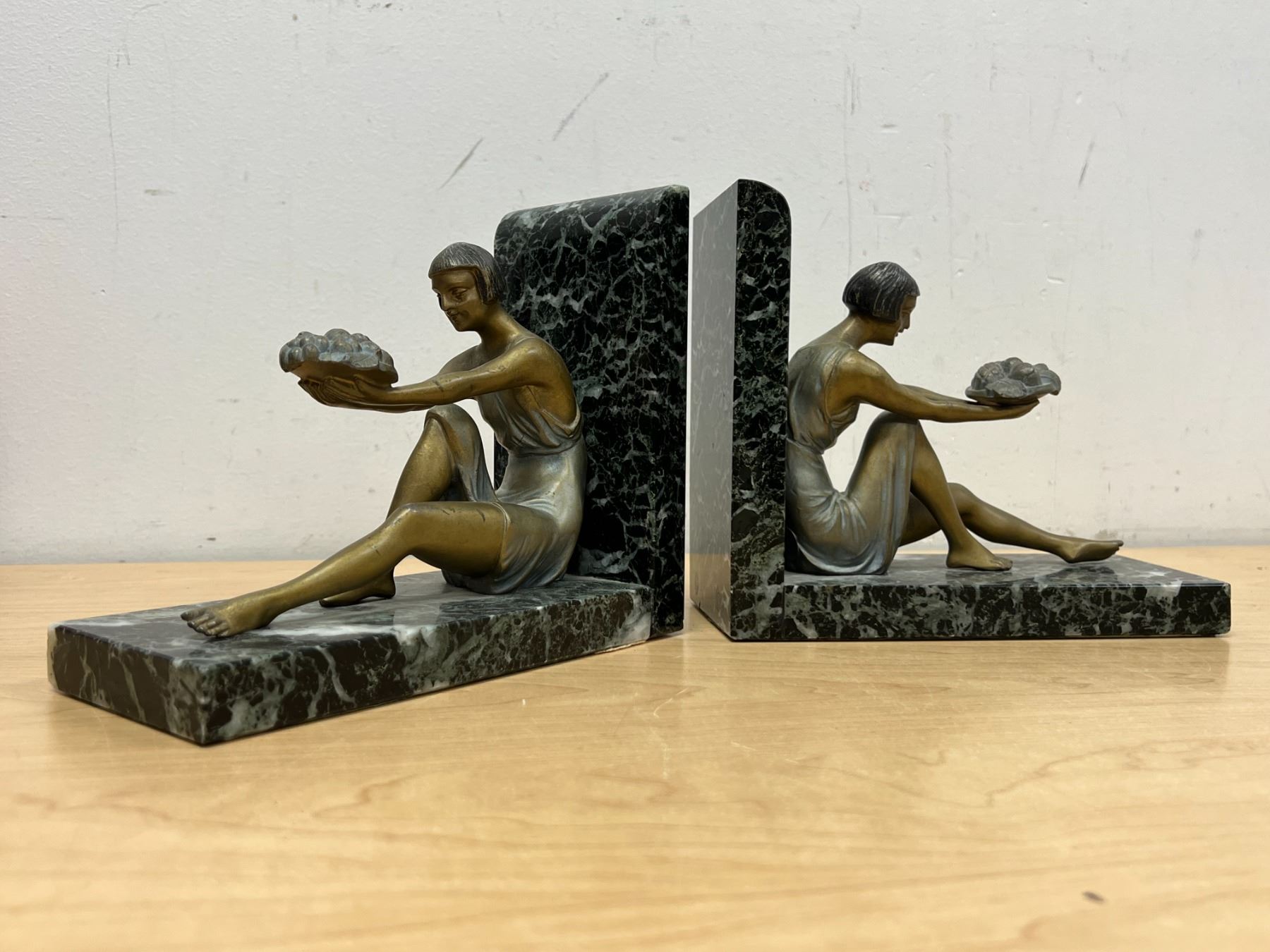 Vintage Art Deco Metal / Marble Bookends - Base: 8 x 3.5" and 6.75" tall