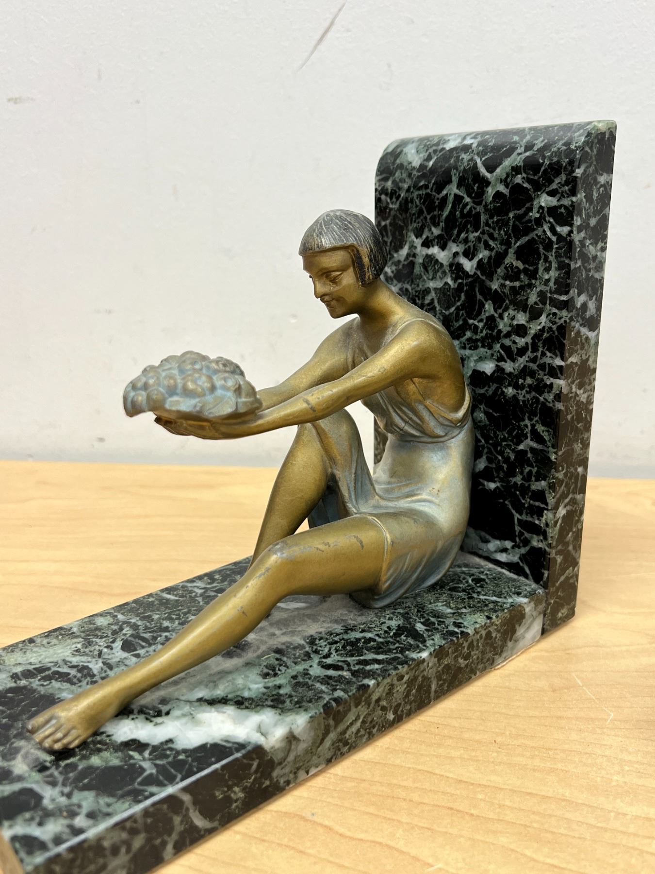 Vintage Art Deco Metal / Marble Bookends - Base: 8 x 3.5" and 6.75" tall