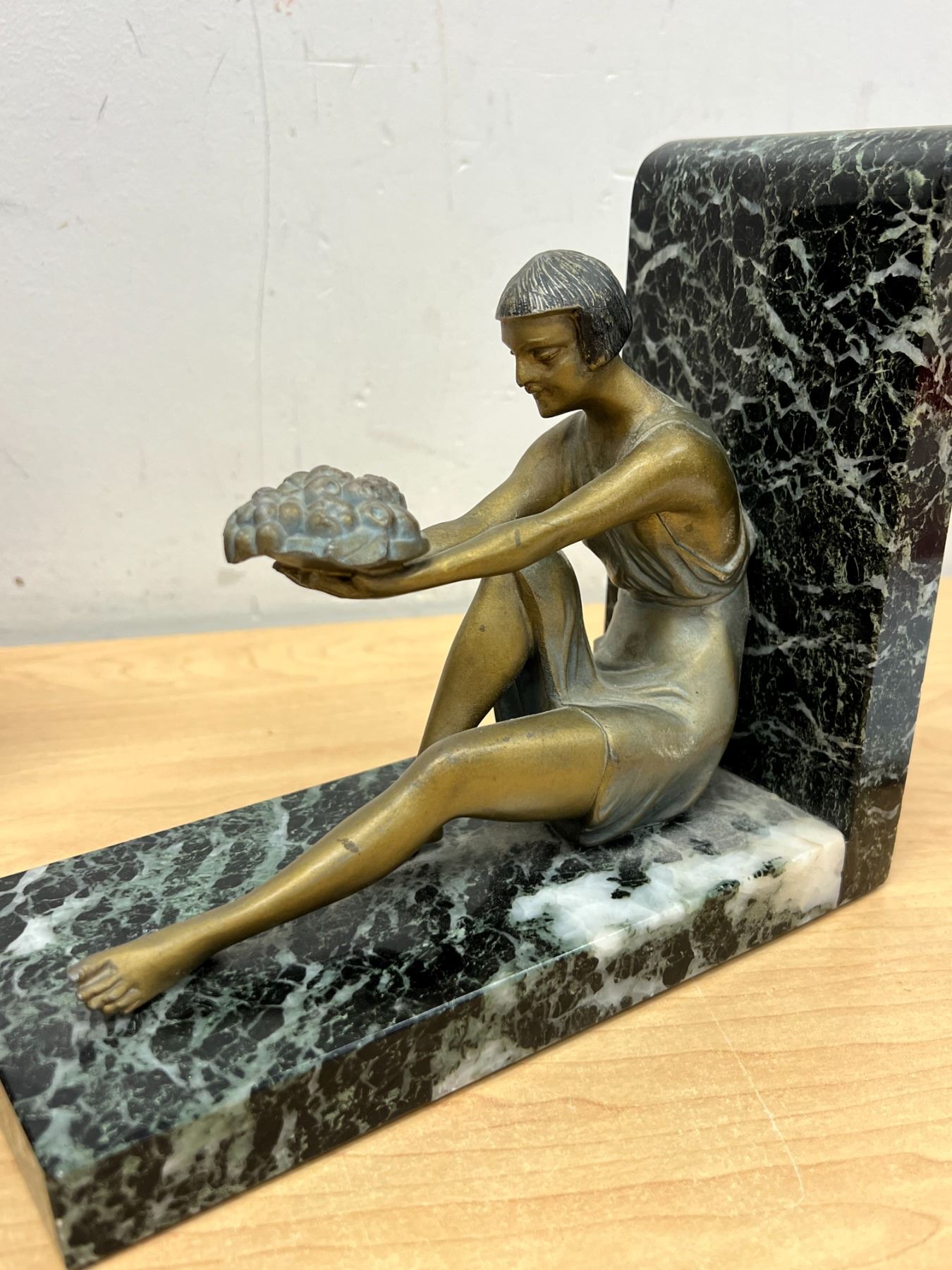 Vintage Art Deco Metal / Marble Bookends - Base: 8 x 3.5" and 6.75" tall