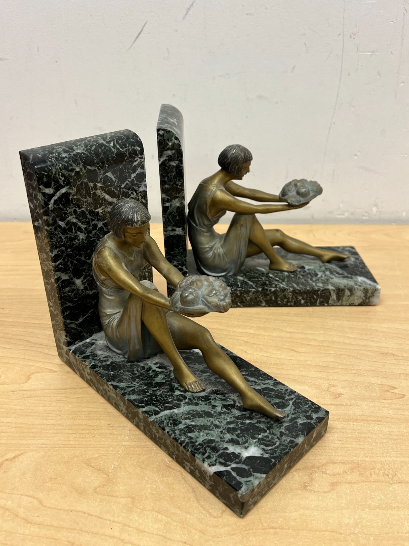 Vintage Art Deco Metal / Marble Bookends - Base: 8 x 3.5" and 6.75" tall