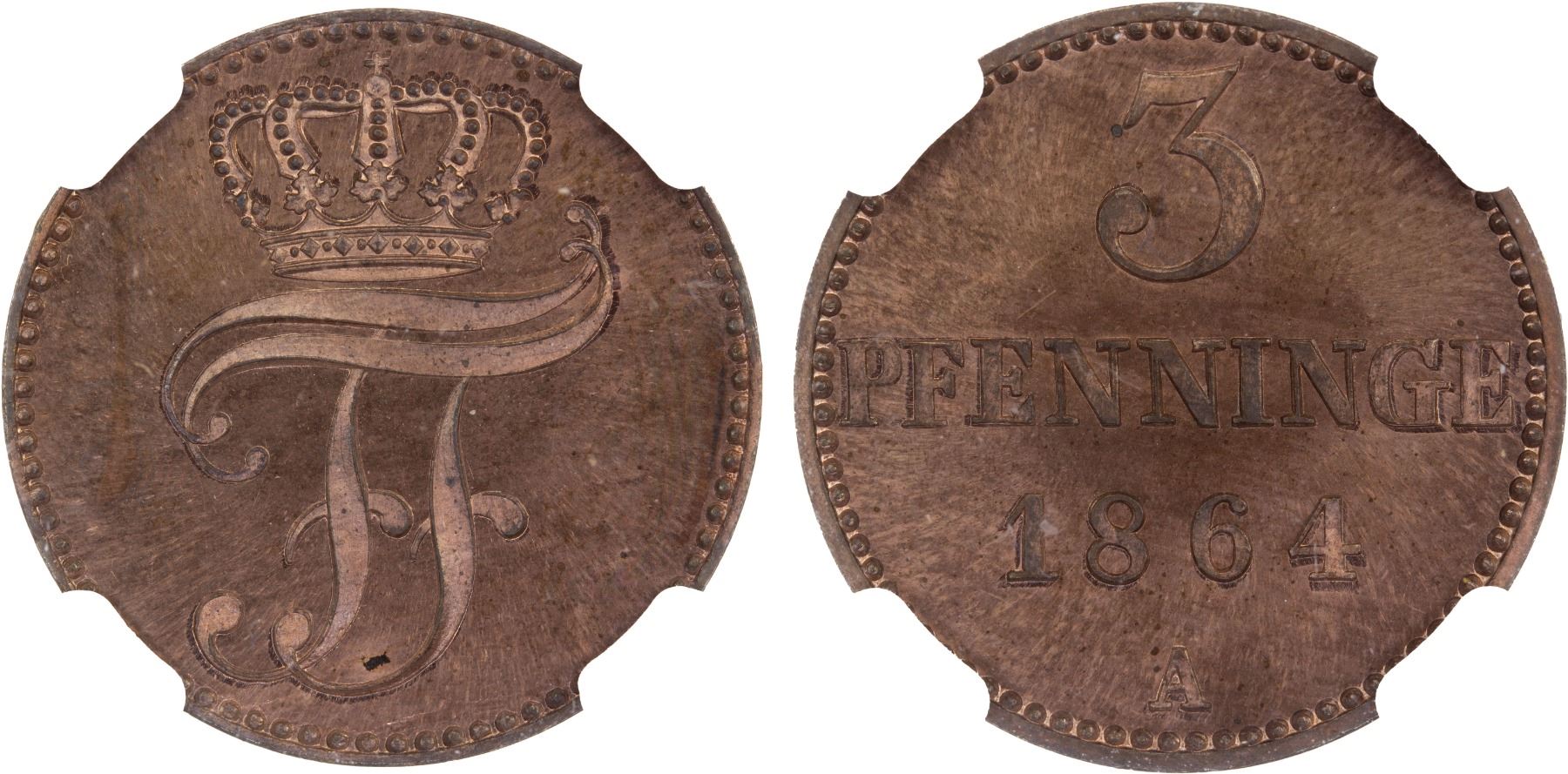 MECKLENBURG-SCHWERIN: Friedrich Franz II, 1842-1883, AE 3 pfennig, 1864 ...